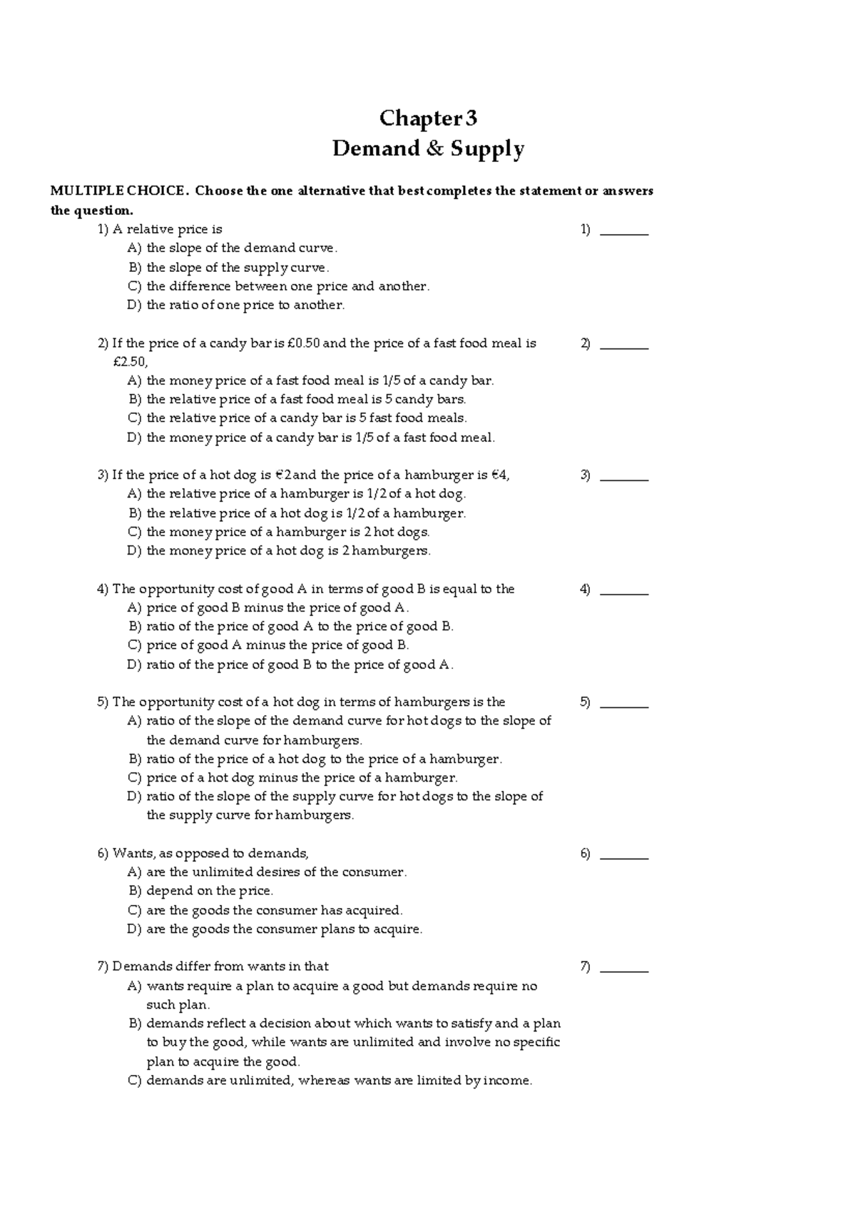 Multiple Choice Questions for Chapter 3: Demand & Supply Concepts - Studocu
