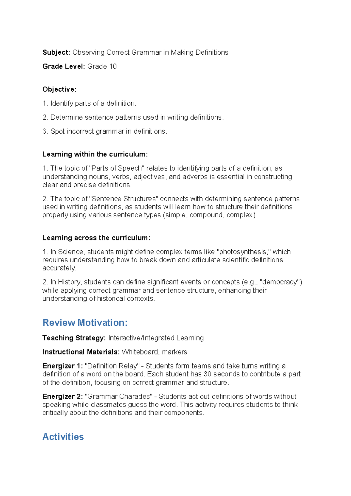 Grade 10 Lesson Plan: Observing Grammar in Definitions - Studocu