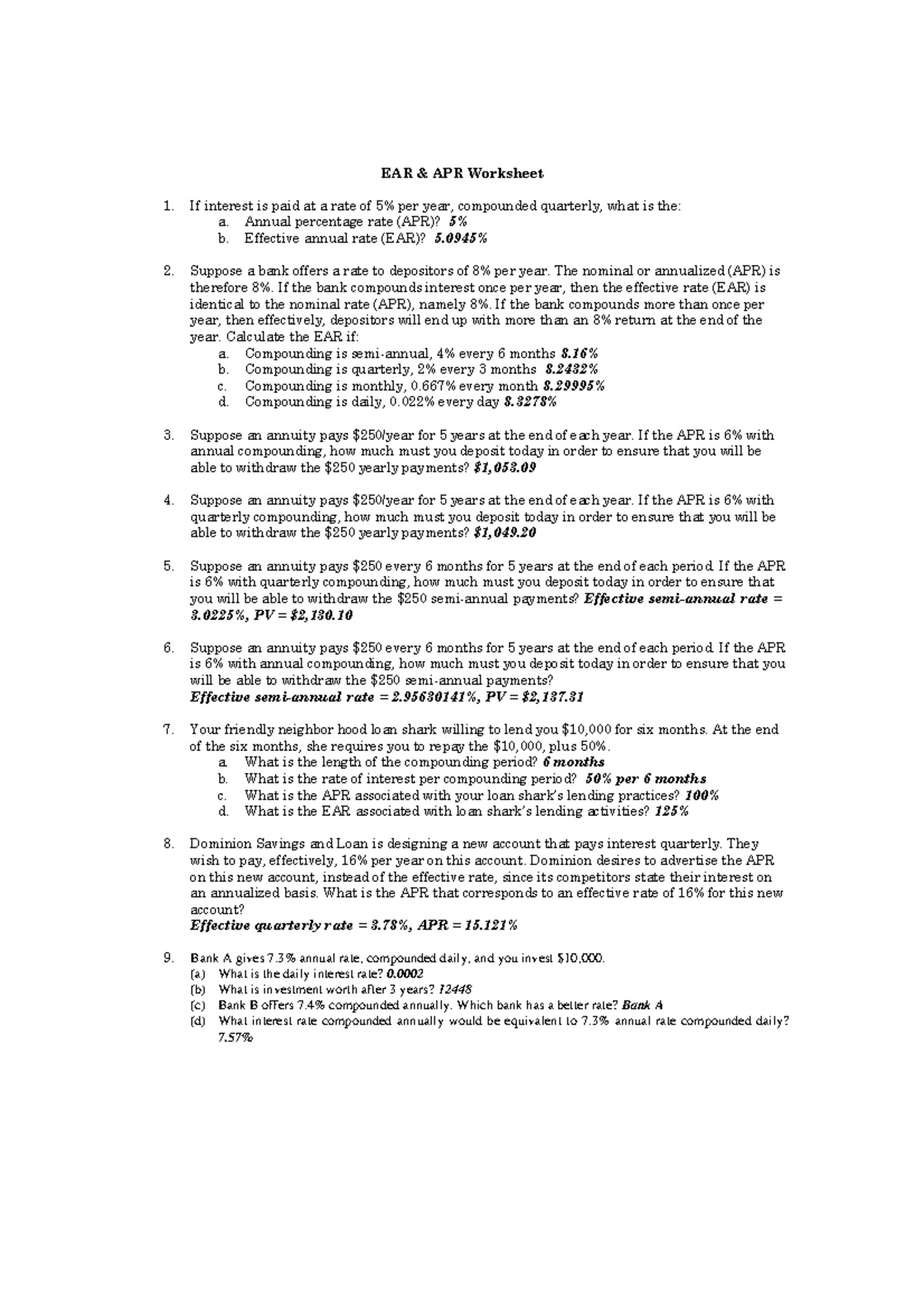 EAR & APR Worksheet - EAR & APR Worksheet If interest is paid at a rate ...