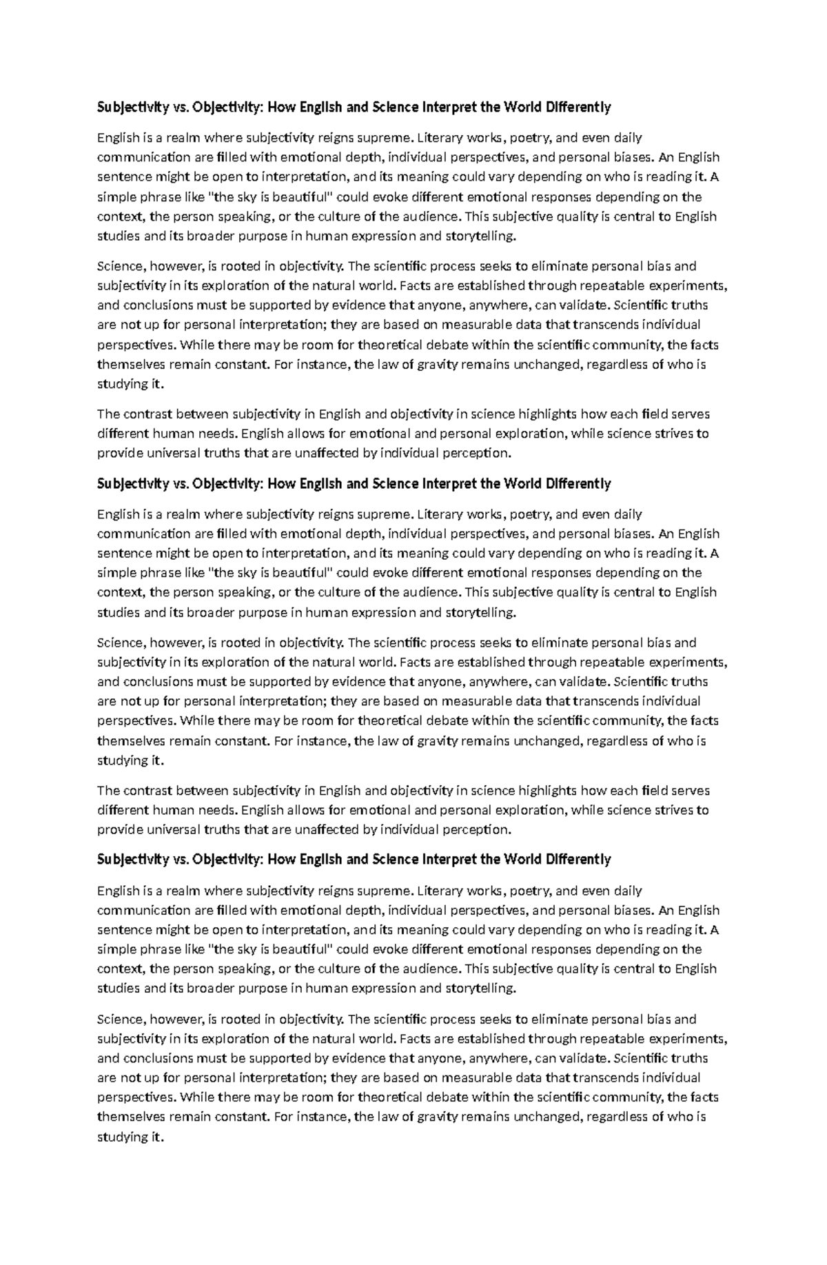 Subjectivity vs Objectivity How English and Science Interpret the World ...