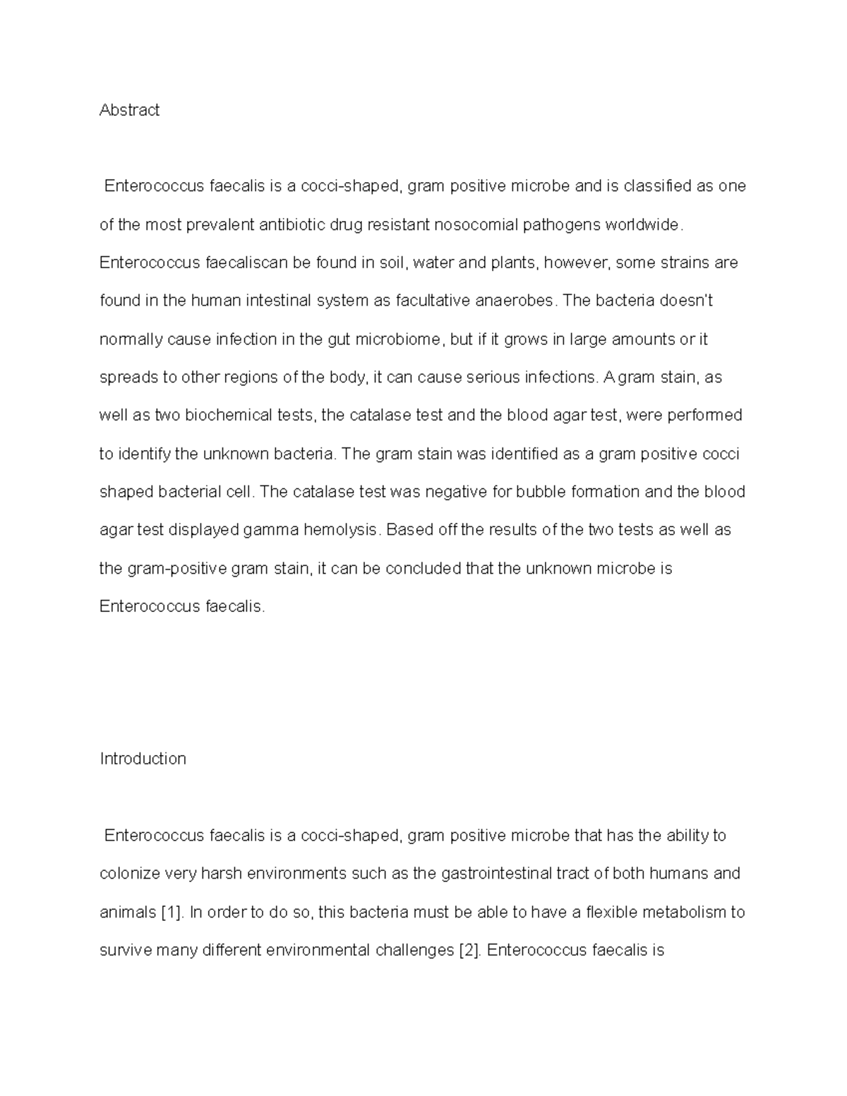 Enterococcus Faecalis Identification: Biochemical Testing Report - Studocu