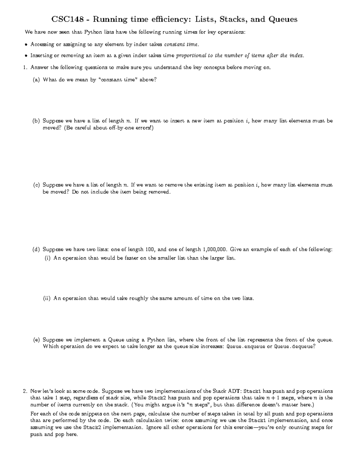 CSC148 - Worksheet on Running Time Efficiency: Lists, Stacks, Queues ...