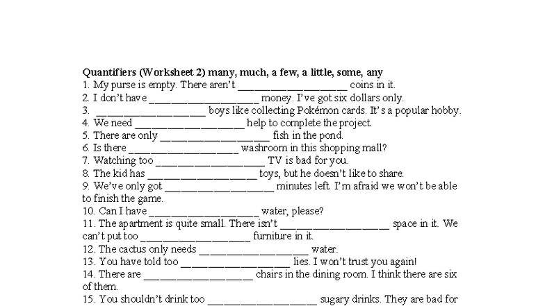 Quantifiers (Worksheet 2) - Many, Much, A Few, A Little, Some, Any ...