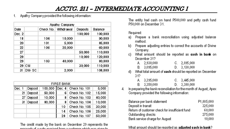 ACCTG. 211 BANK RECONCILIATION PRACTICE SET 2023 Edition - Studocu
