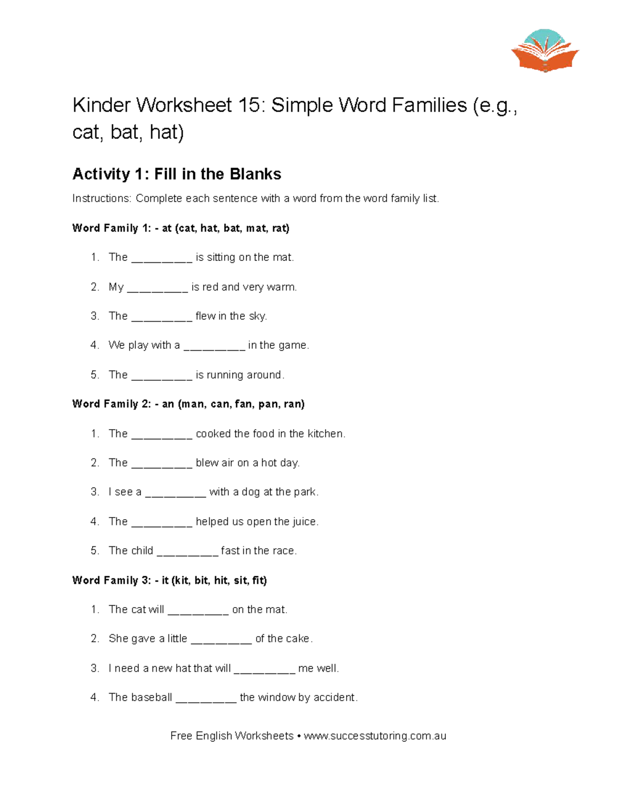 Kinder Worksheet 15: Simple Word Families Activity - Studocu