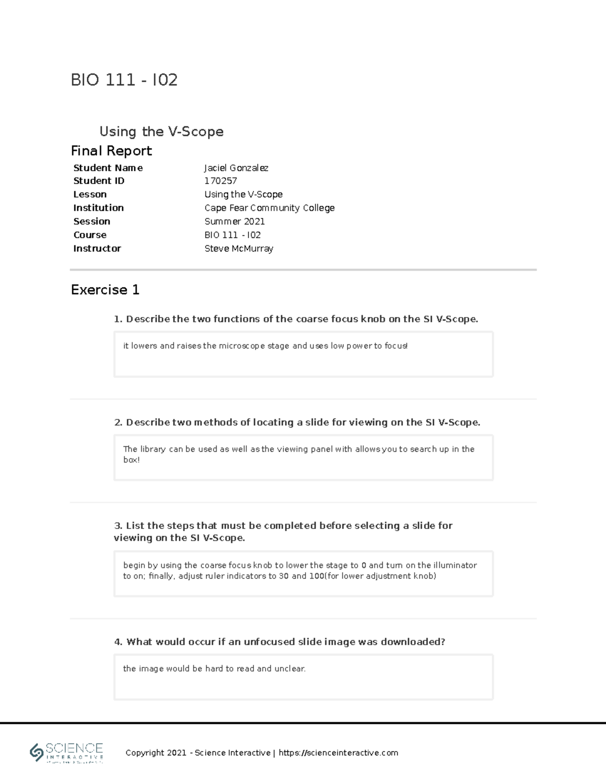 BIO 111 - I Lesson: Using the V-Scope Report by Jaciel Gonzalez - Studocu
