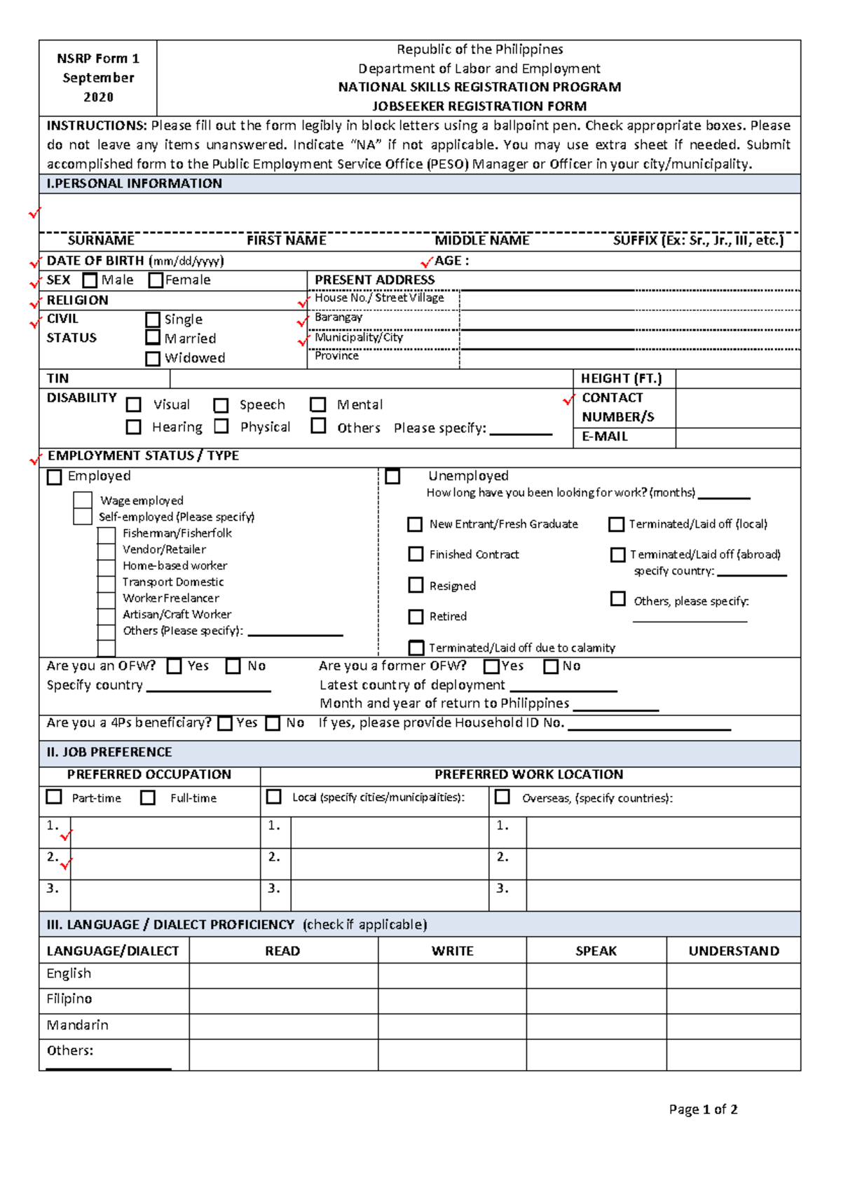 NSRP Form 1: Job Seeker Registration Instructions & Guidelines - Studocu