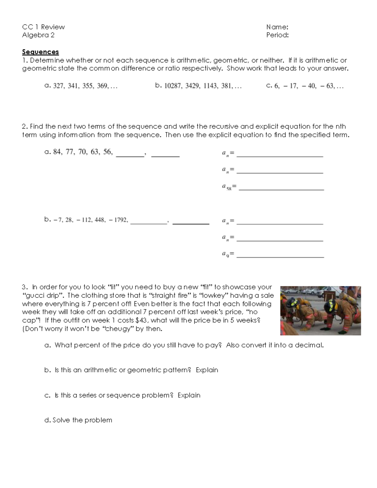 CC 1 Review: Sequences in Algebra 2 - Arithmetic & Geometric Patterns ...