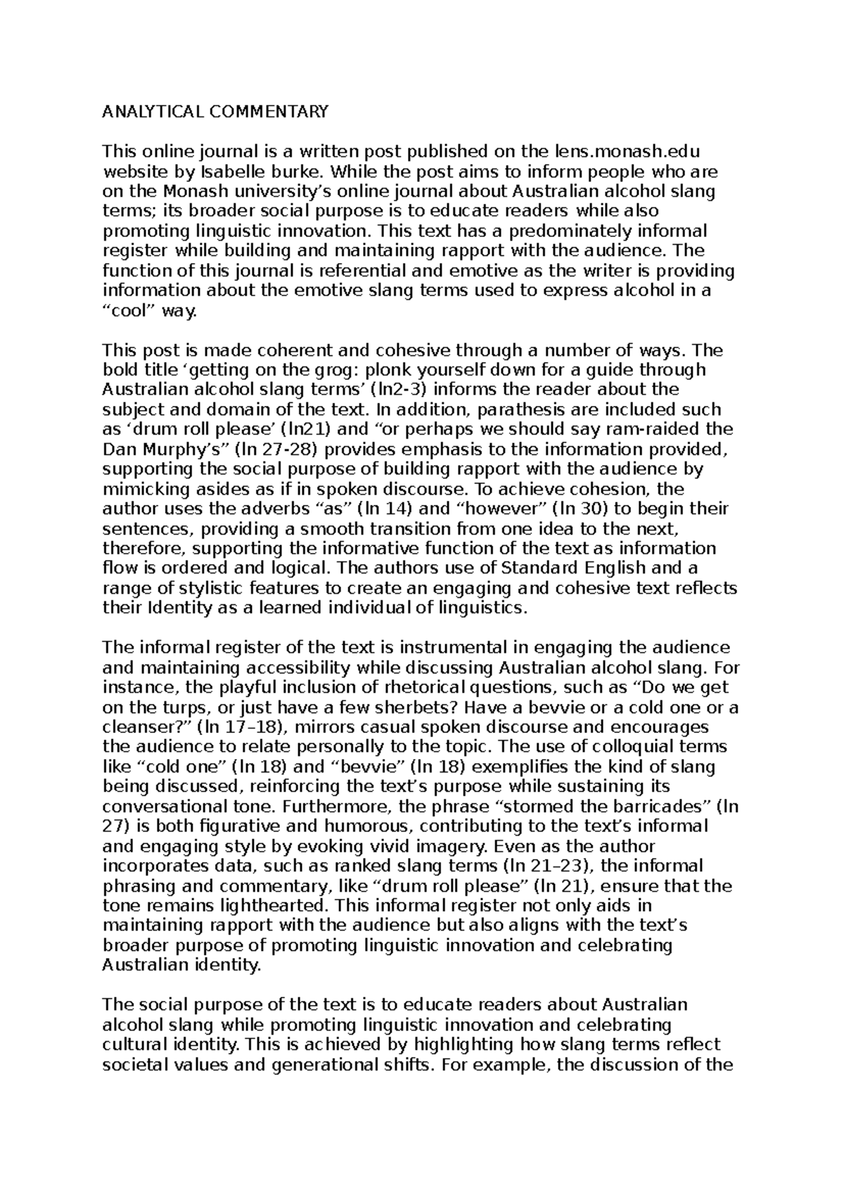 ENG101: Analytical Commentary on Australian Alcohol Slang and Language ...
