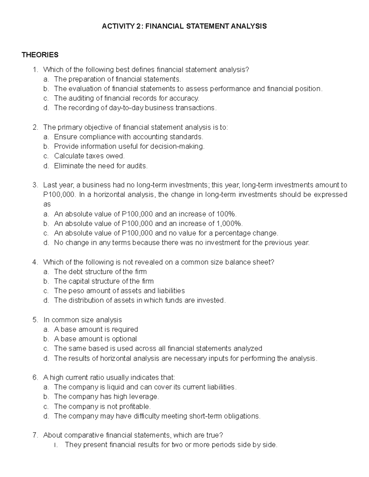 ACTIVITY 2: FINANCIAL STATEMENT ANALYSIS - CHAPTER 3 (030401) - Studocu