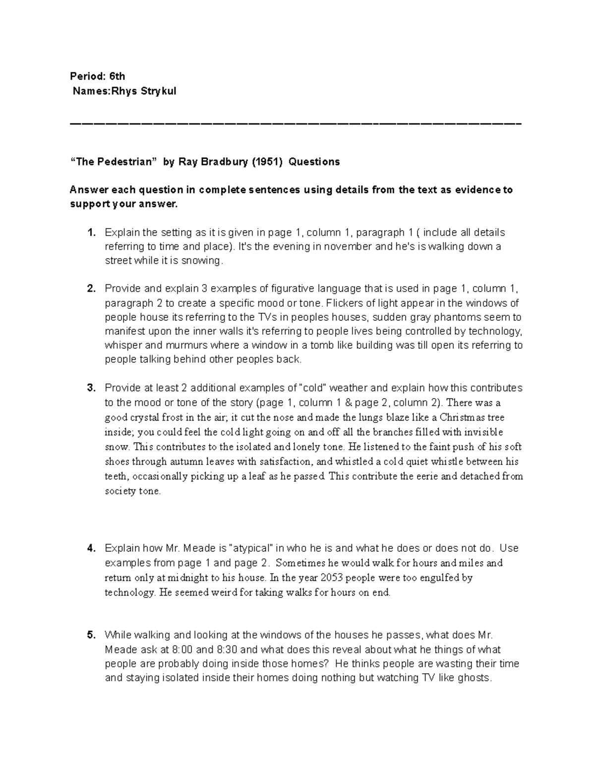 ENG 101: "The Pedestrian" by Ray Bradbury - Analysis Questions - Studocu
