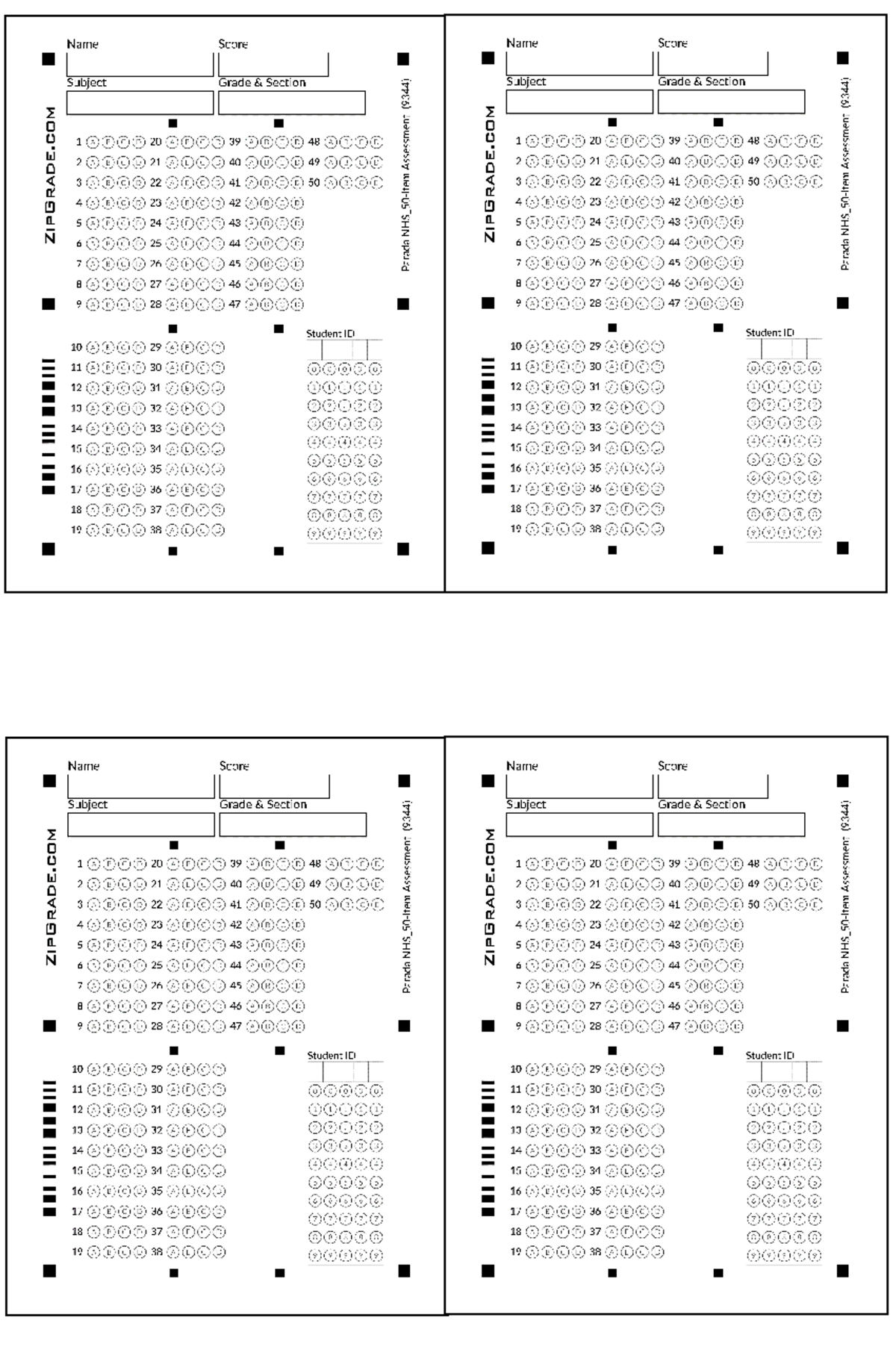 Zipgrade-answer-sheet - Name Score Name Score Subject Grade & Section ...