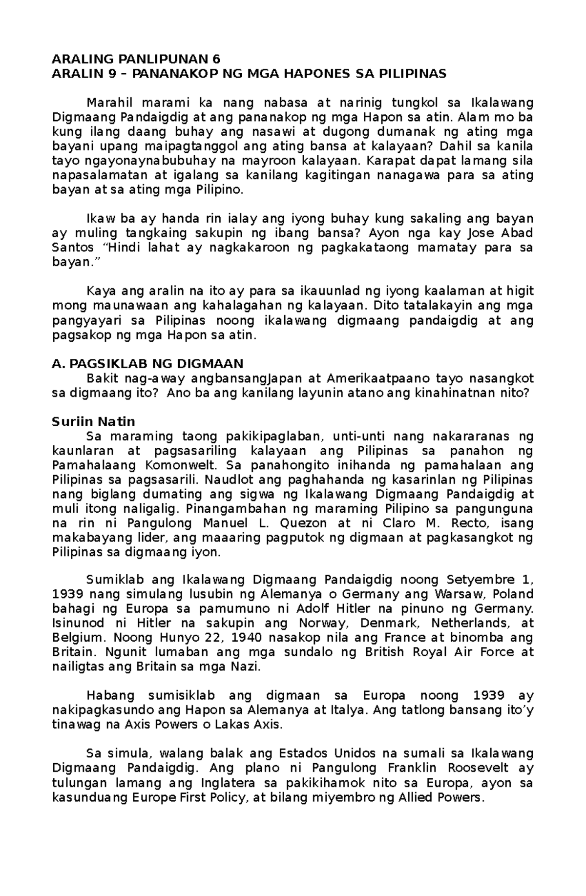Lesson Aralin 9 AP6 - Pananakop ng mga Hapones sa Pilipinas - Studocu
