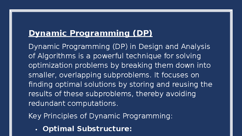 Dynamic Programming (DP): Principles and Approaches in Algorithms - Studocu