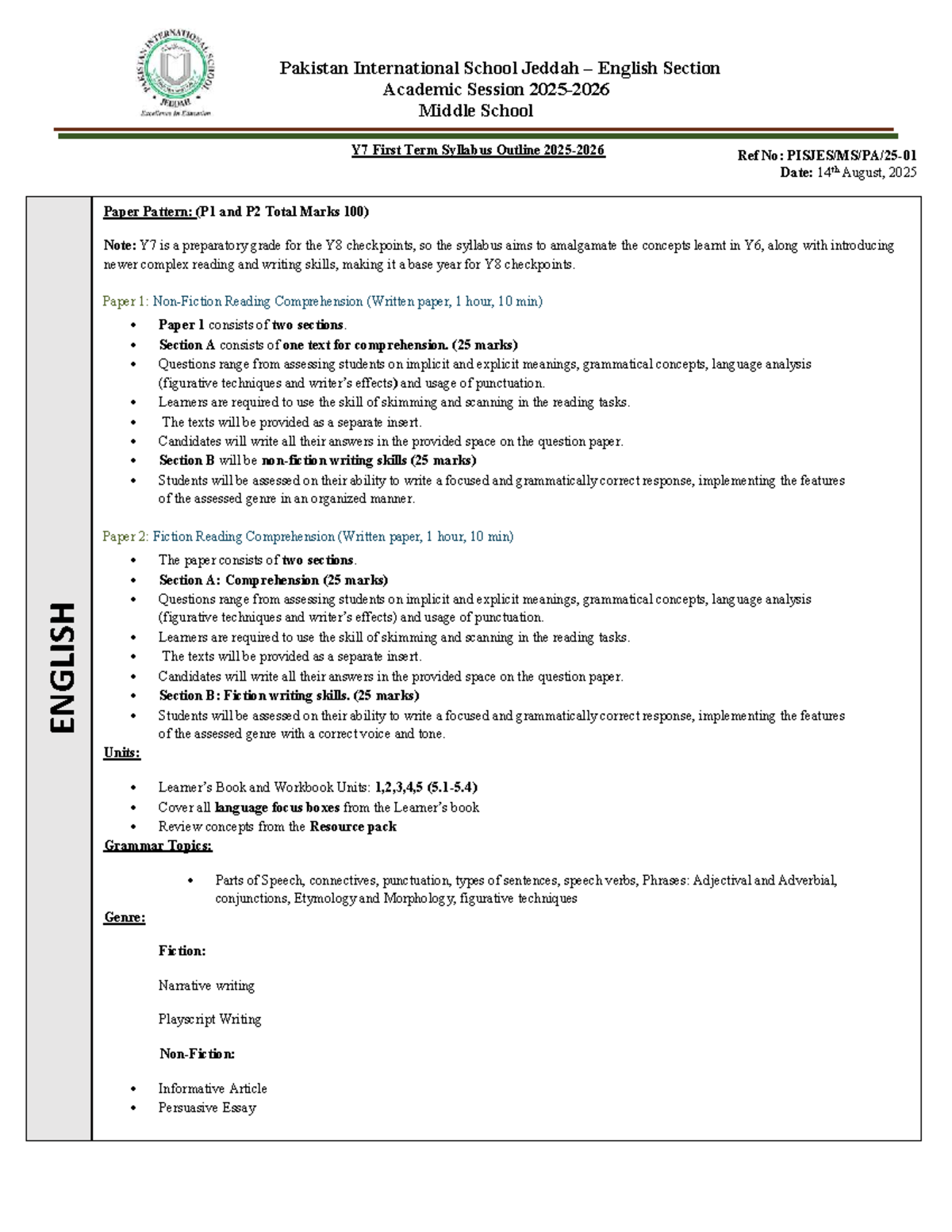 Y7 First Term Syllabus Outline 2025 - Pakistan International School - Studocu