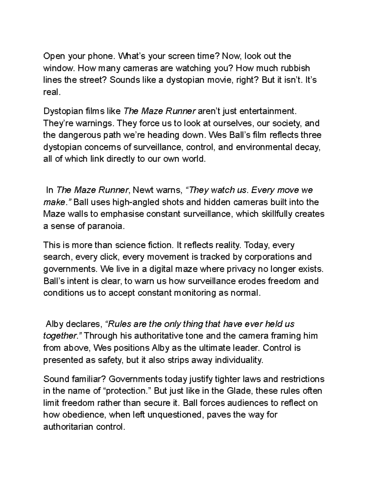 English Practice - MAZE RUNNER Dystopian Persuasive Speech Analysis ...