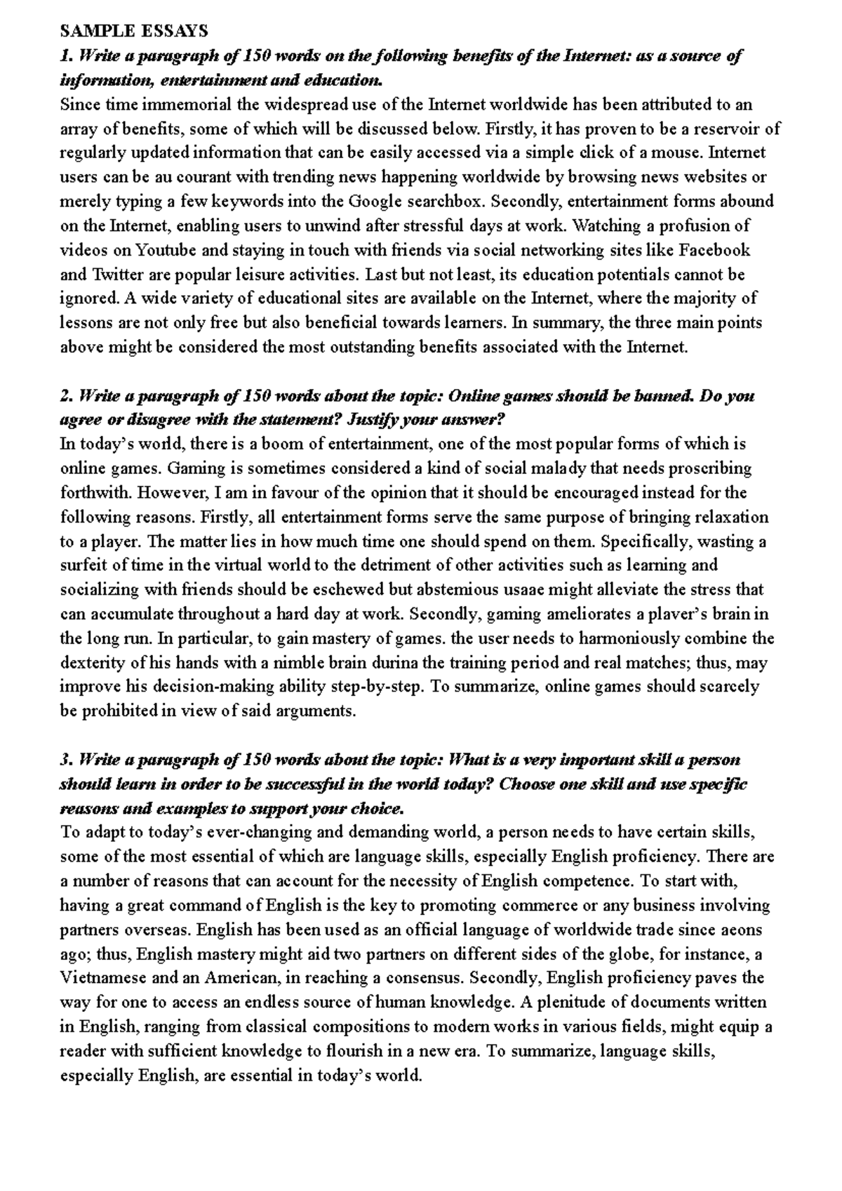 IELTS Writing Essays: Benefits of Internet, Online Games, Skills ...