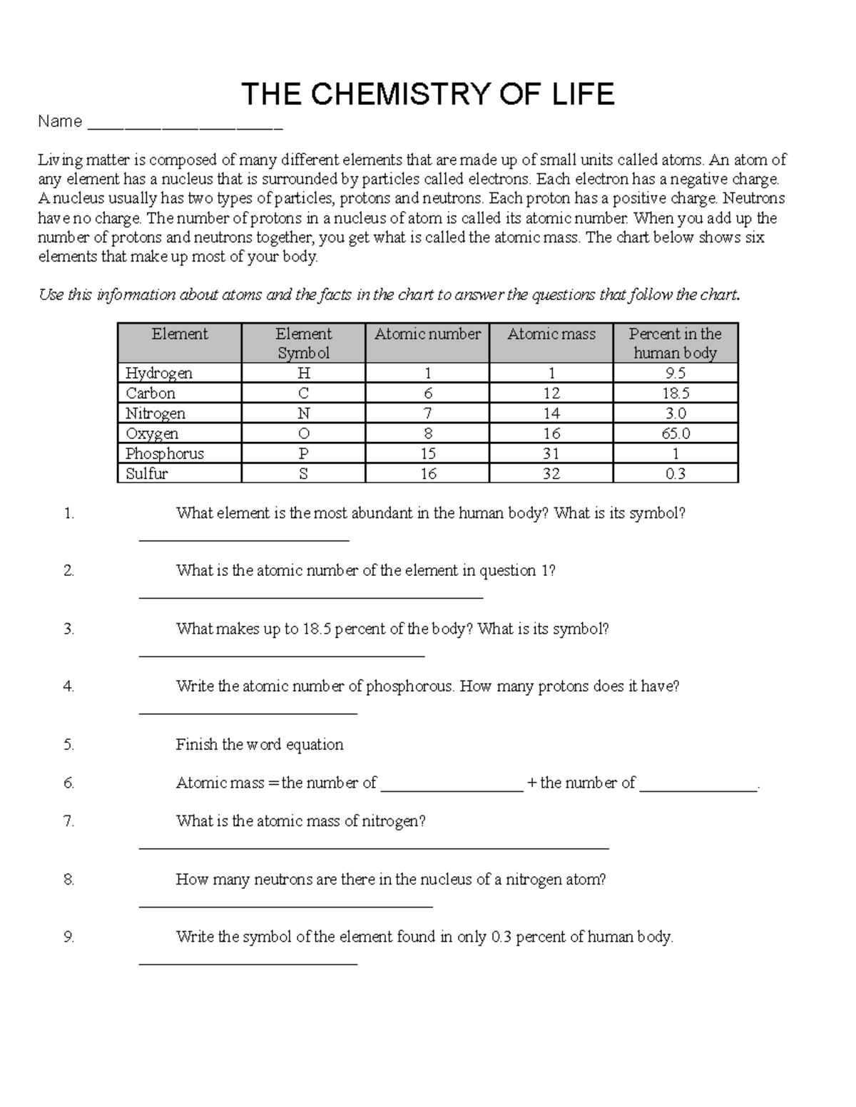 Chemistry of Life Worksheet - Atoms & Elements Overview - Studocu