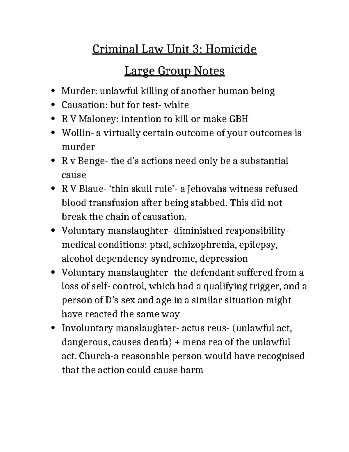 Criminal Law Unit 3: Comprehensive Notes on Homicide Concepts - Studocu