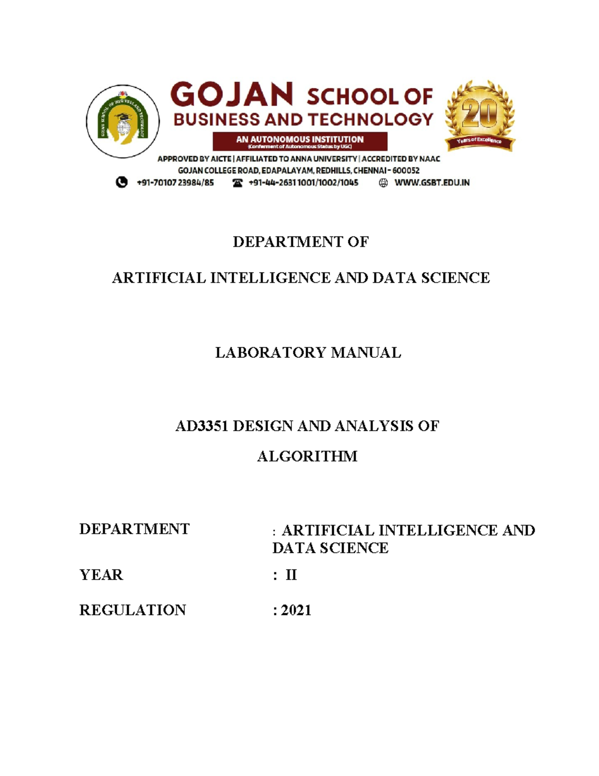 AD3351 DAA Laboratory Manual: Experiments and Implementations - Studocu