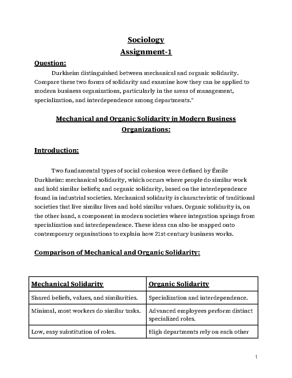 Sociology Assignment 2: Durkheim's Mechanical vs. Organic Solidarity in ...