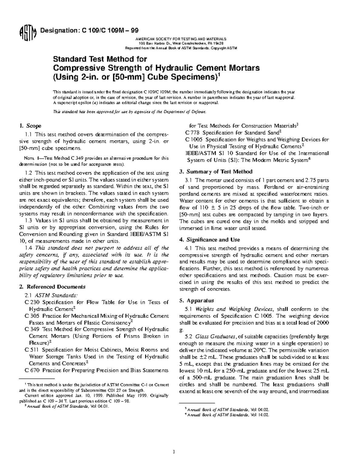 ASTM C 109M Standard Test Method for Compressive Strength of Mortars ...