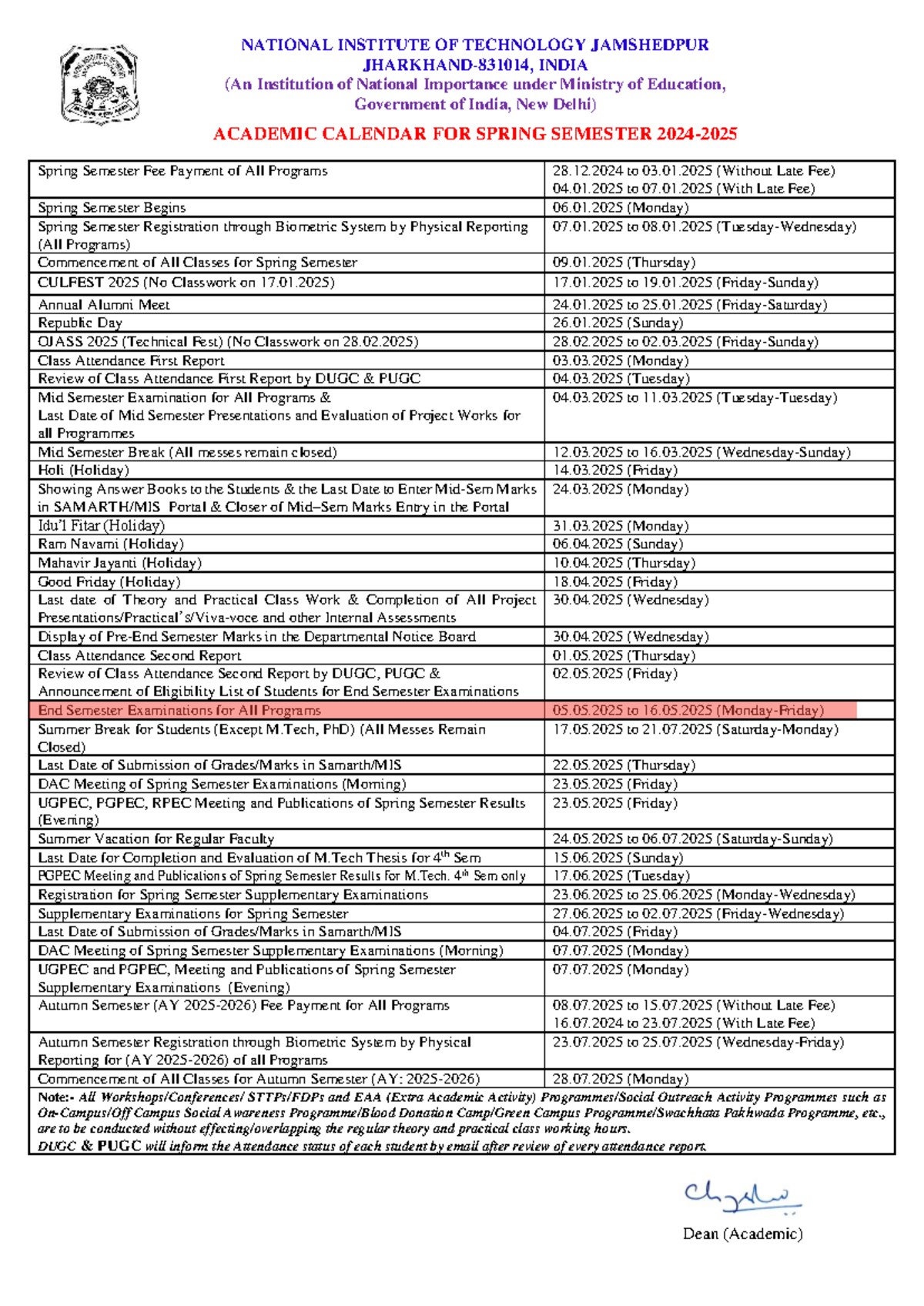 NIT Jamshedpur Academic Calendar for Spring Semester 2025 - Studocu