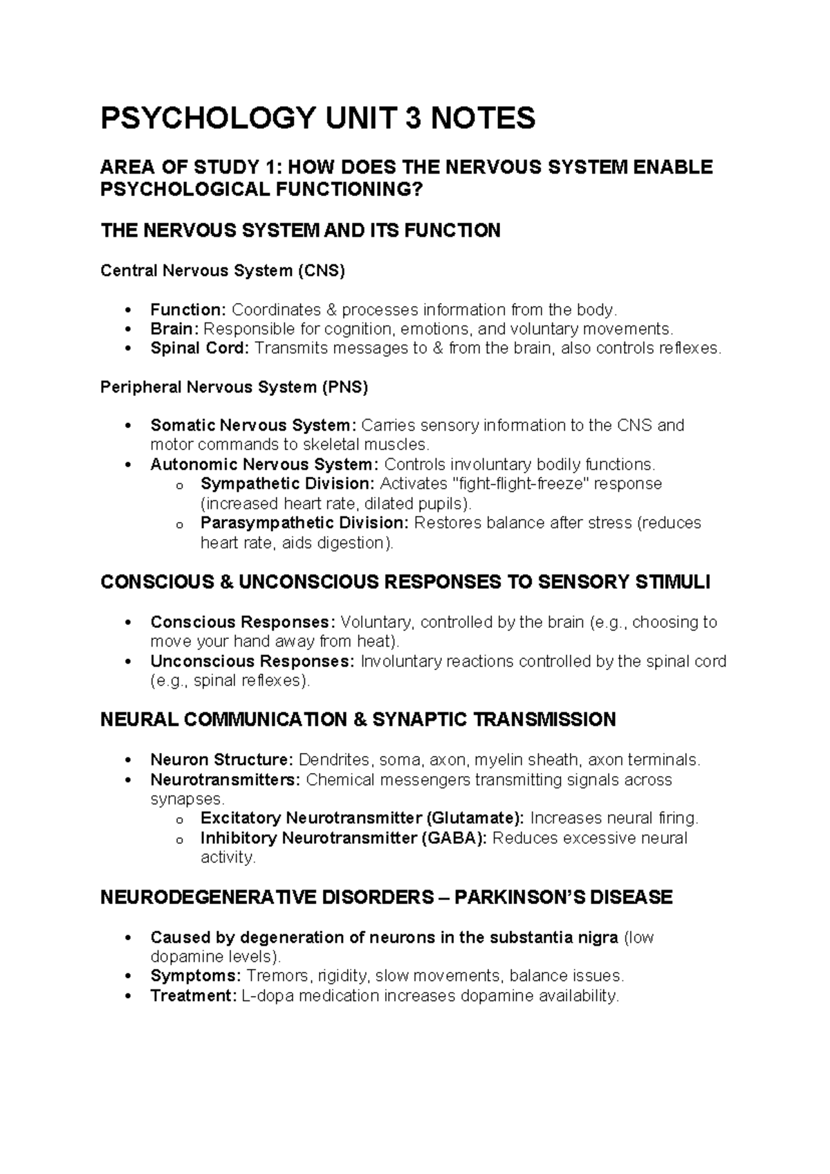 U3 AOS 1 Psychology Notes: Nervous System & Learning Processes - Studocu