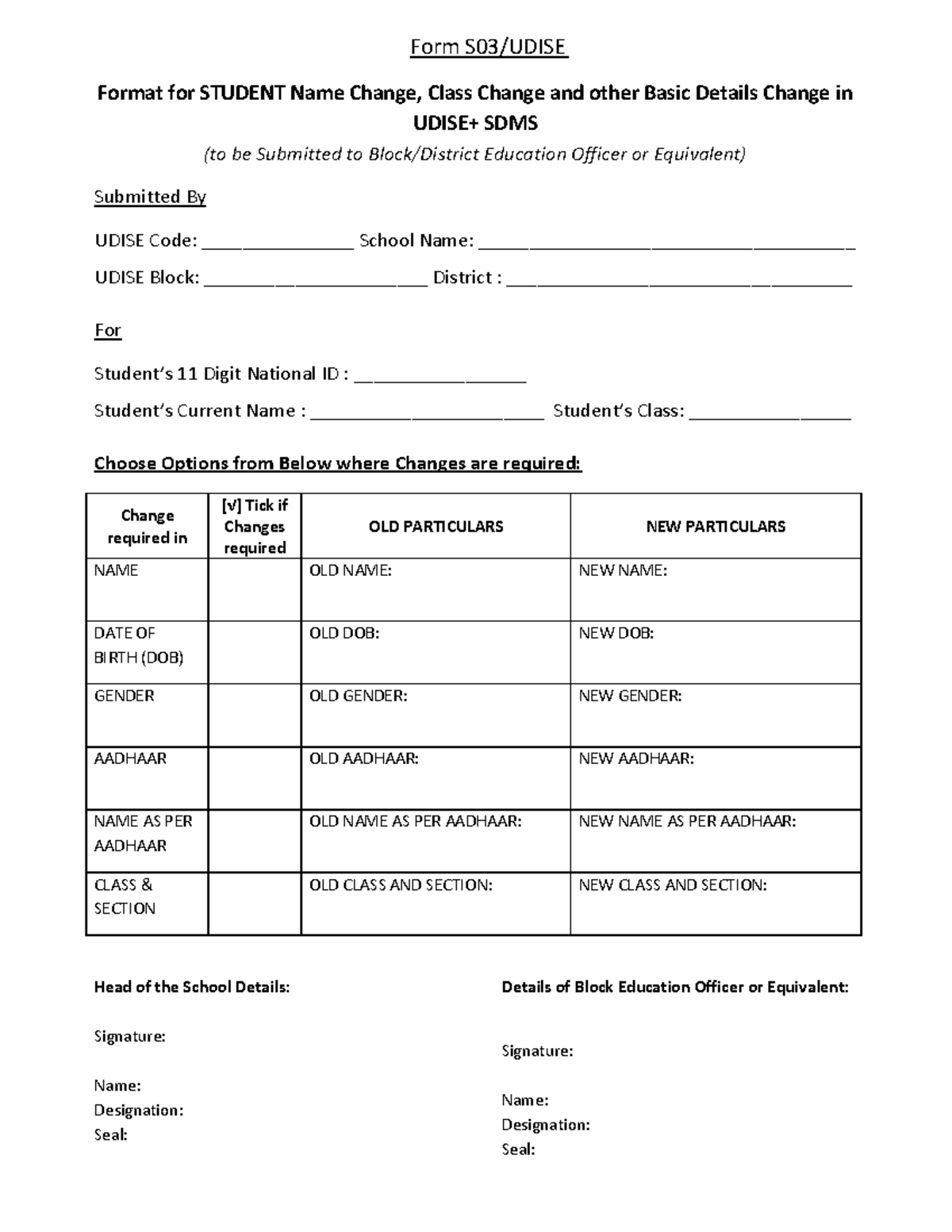 S03/UDISE Format for Student Name & Class Change Request - Studocu