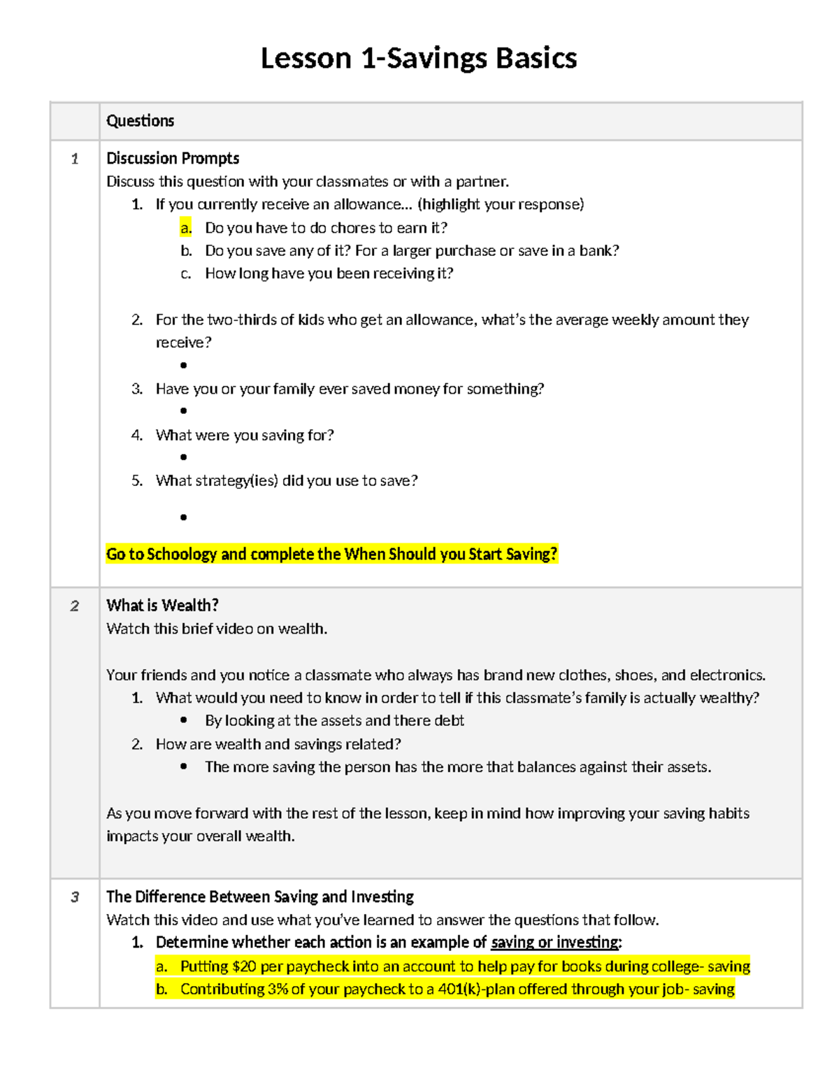 Lesson 1: Savings Basics Student Activity - Key Points & Discussions ...