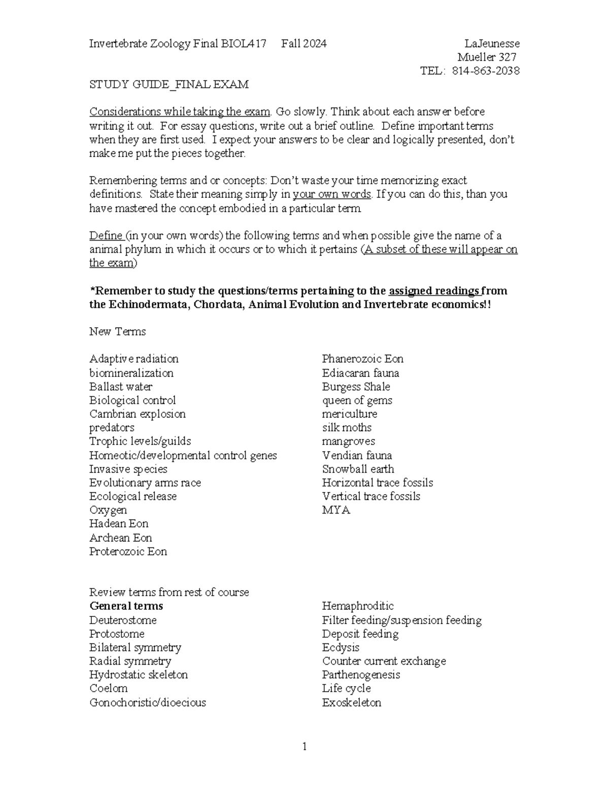 Invertebrate Zoology Final Exam Study Guide - BIOL 417 Fall 2024 ...