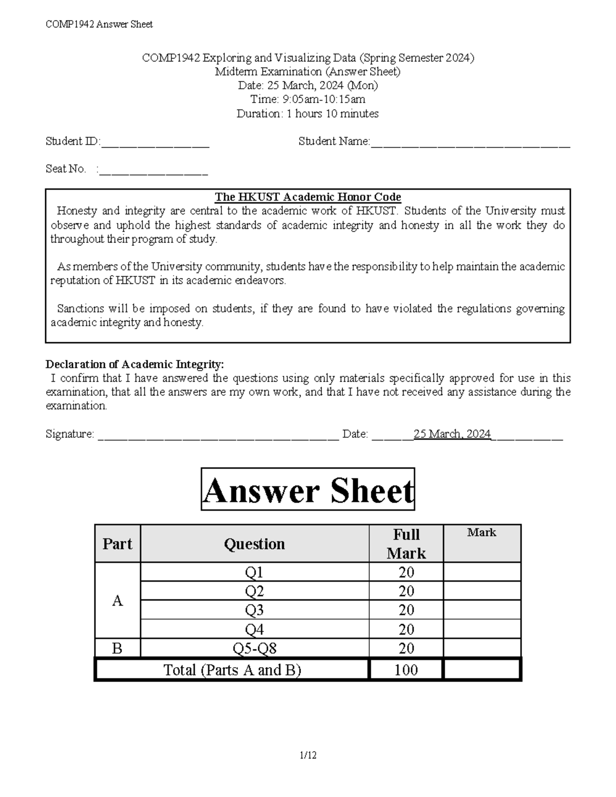 COMP1942 Midterm Exam Answer Sheet - Exploring Data (Spring 2024) - Studocu