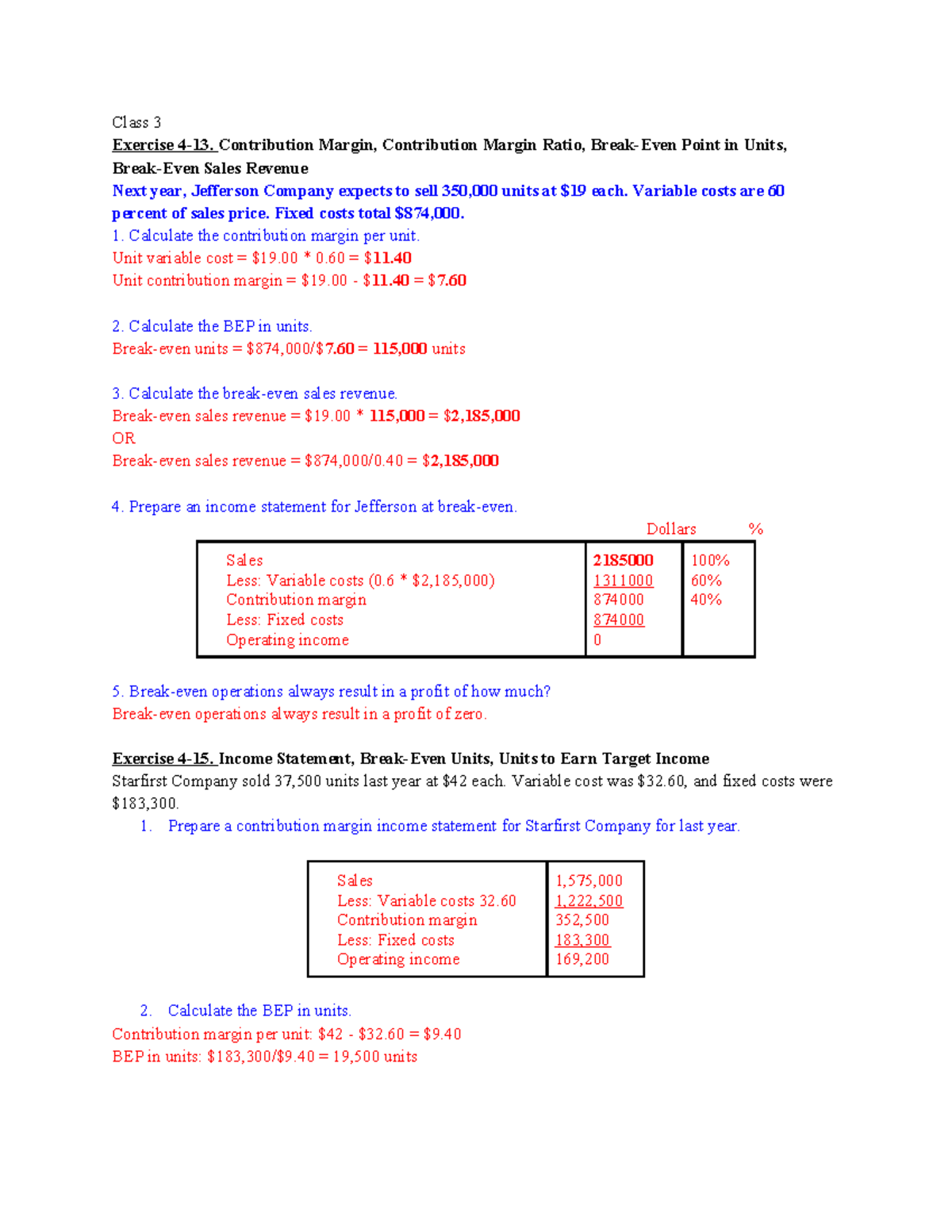 ACC406 - Class 3 Contribution Margin & Income Statement Exercises - Studocu