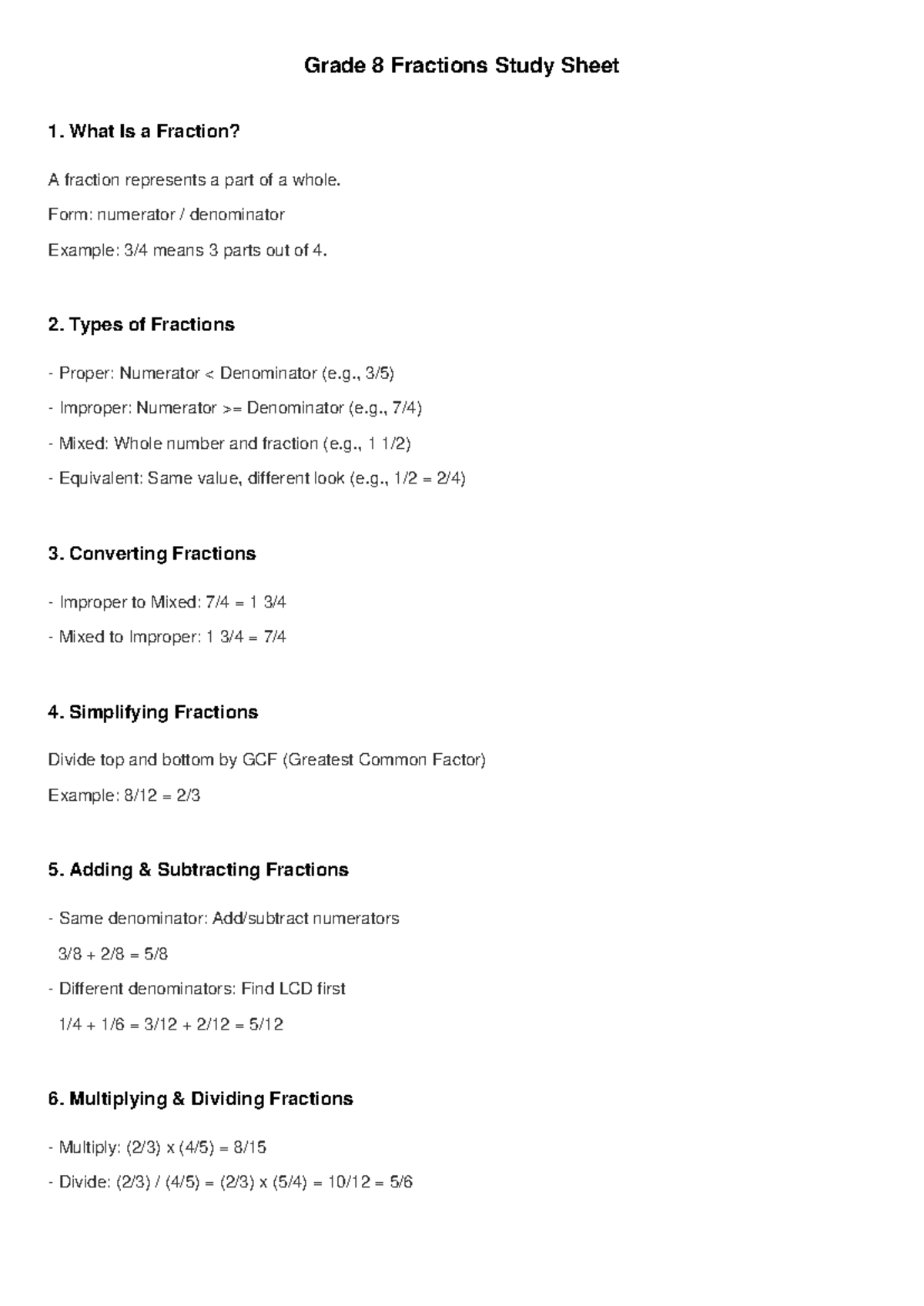 Grade 8 Math: Understanding Fractions Study Sheet - Studocu