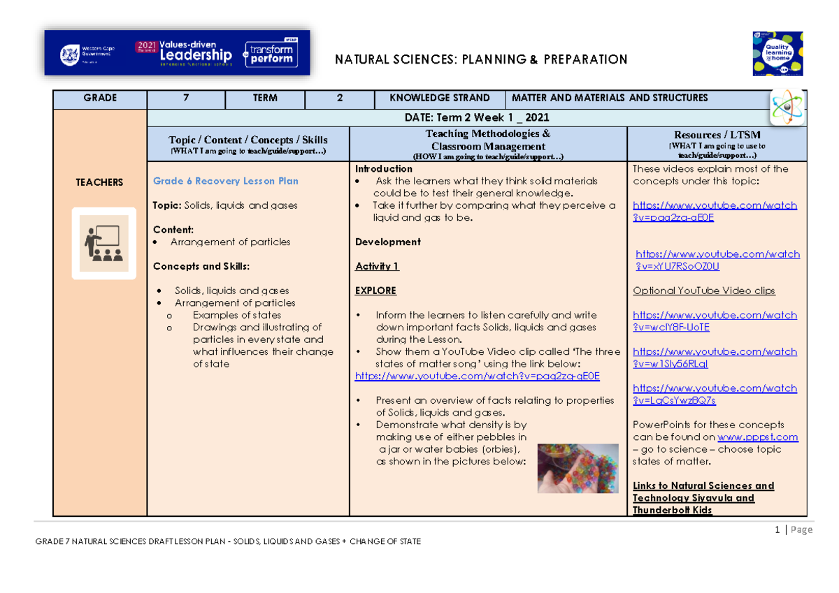 Lesson Plan Gr. 7 Natural Sciences T2 W1 - 1 | Page NATURAL SCIENCES ...