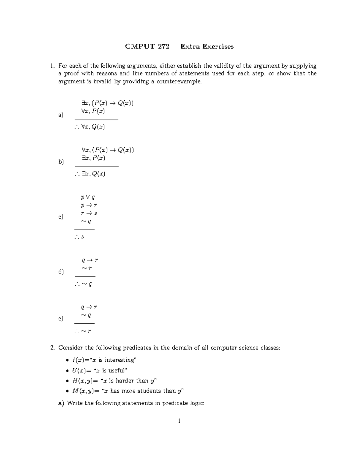 CMPUT 272 Extra Exercises: Validity and Proofs Practice - Studocu