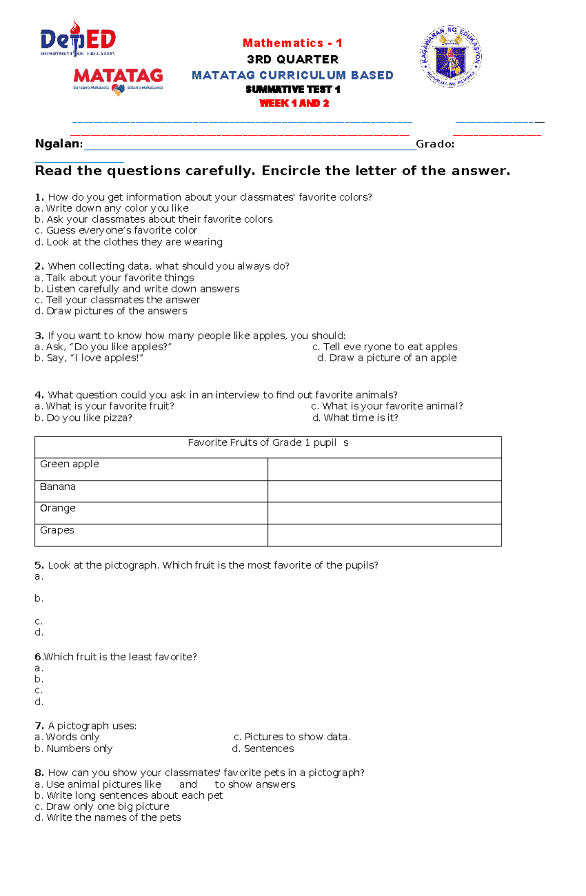 Math (Math1) - 1ST QUARTER SUMMATIVE TEST WEEK 1 & 2 - Studocu