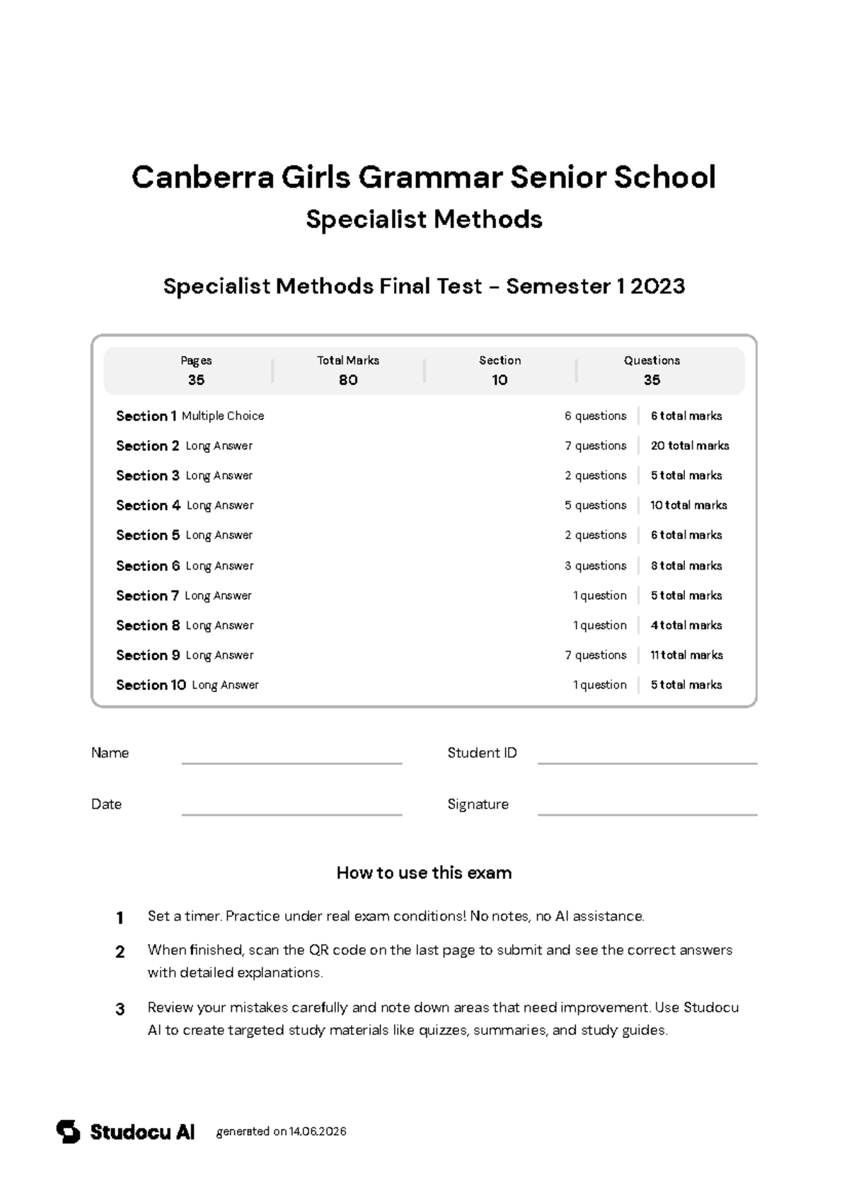 Specialist Methods Final Test - Semester 1 2023 - Studocu