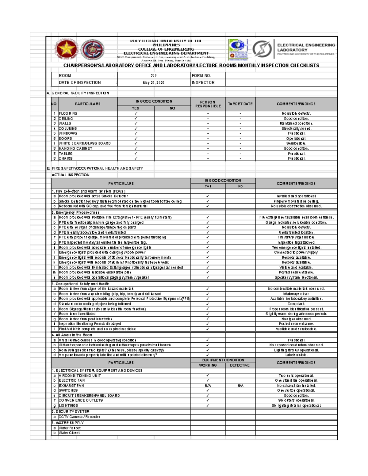 OFFICE AND ROOMS MONTHLY INSPECTION CHECKLISTS (FORM NO. 300-308) - Studocu