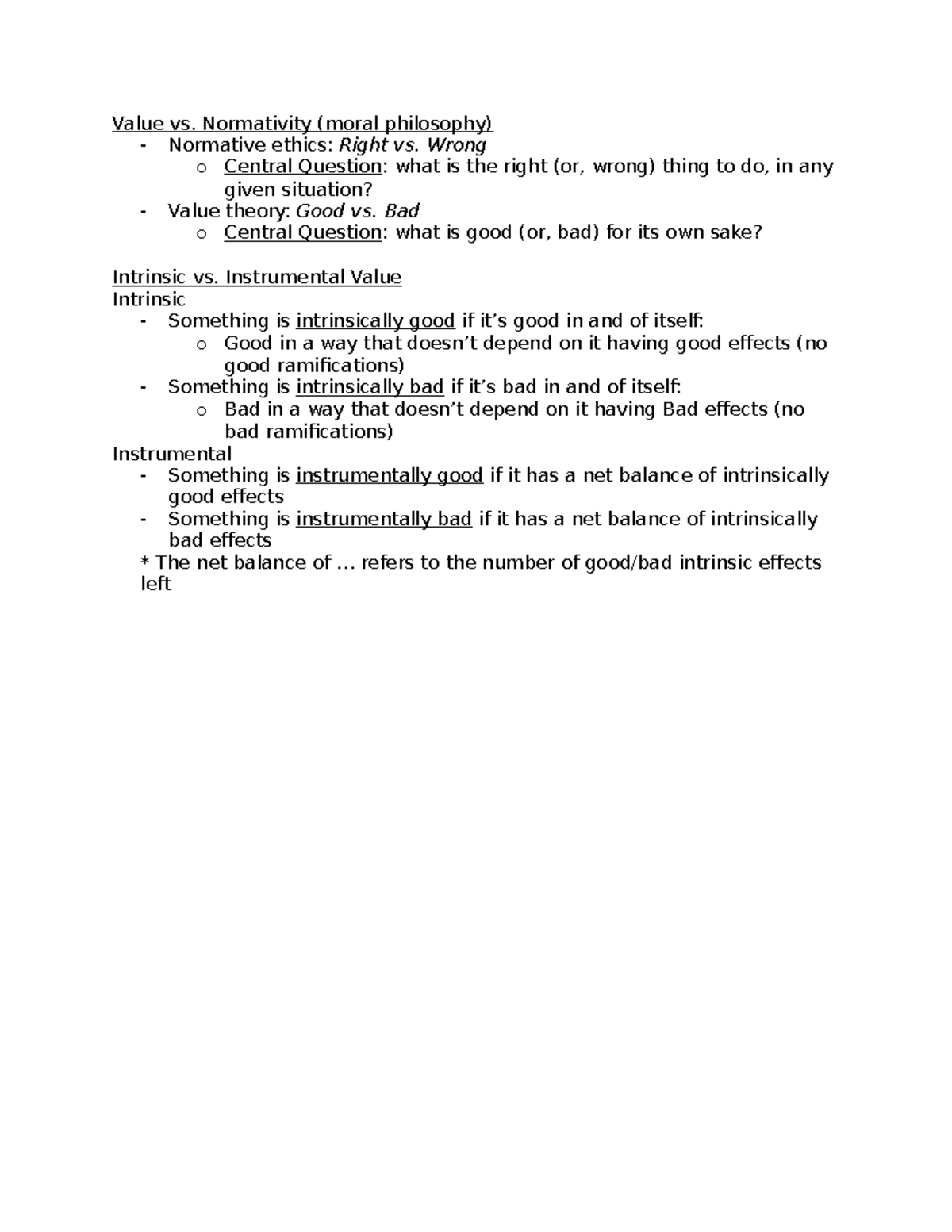 Lecture 1 notes taken during lecture - Value vs. Normativity (moral ...