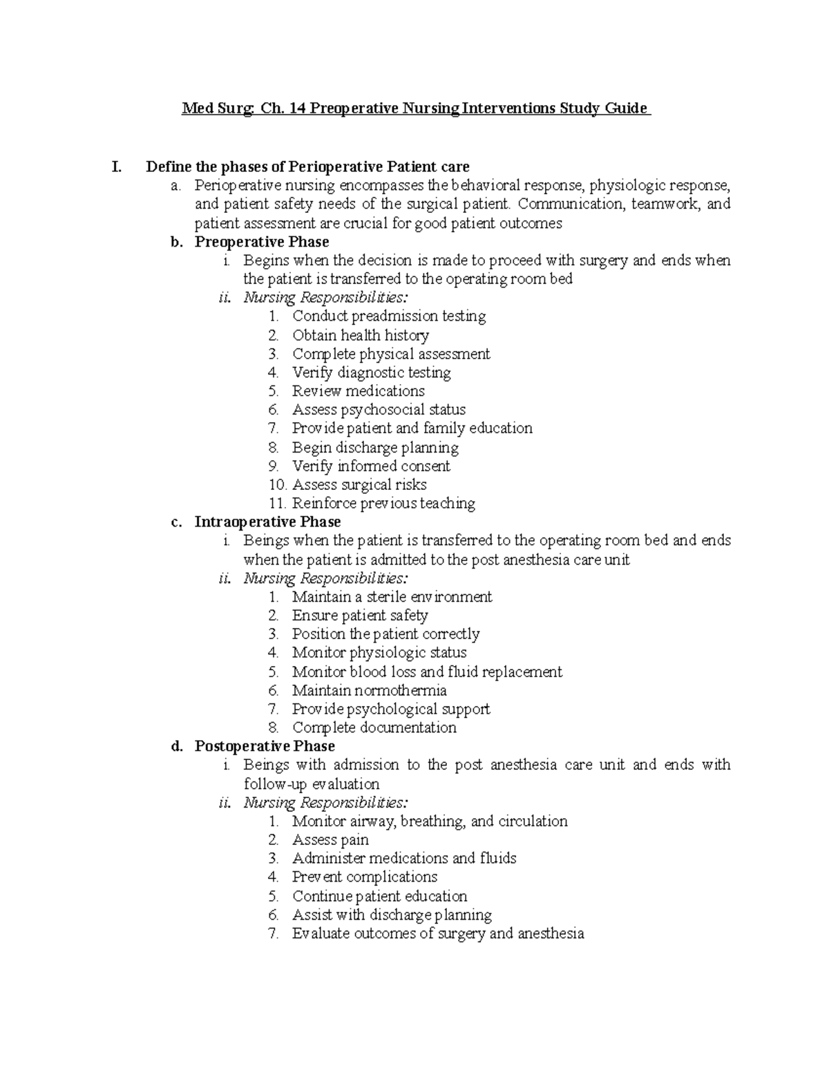 Med Surg: Ch. 14 Preoperative Nursing Interventions Study Guide - Studocu