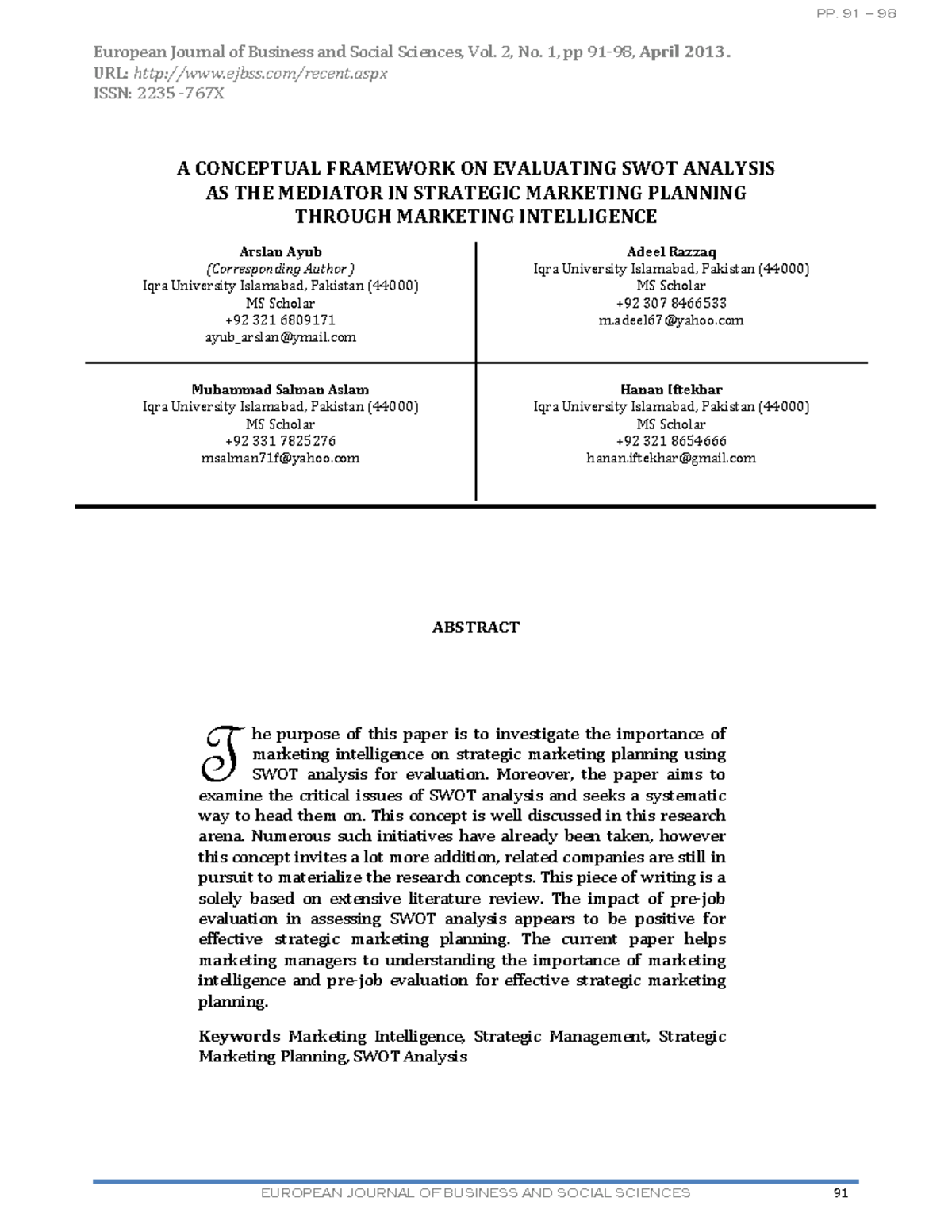 A conceptual framework on Evaluating SWO - EUROPEAN JOURNAL OF BUSINESS ...