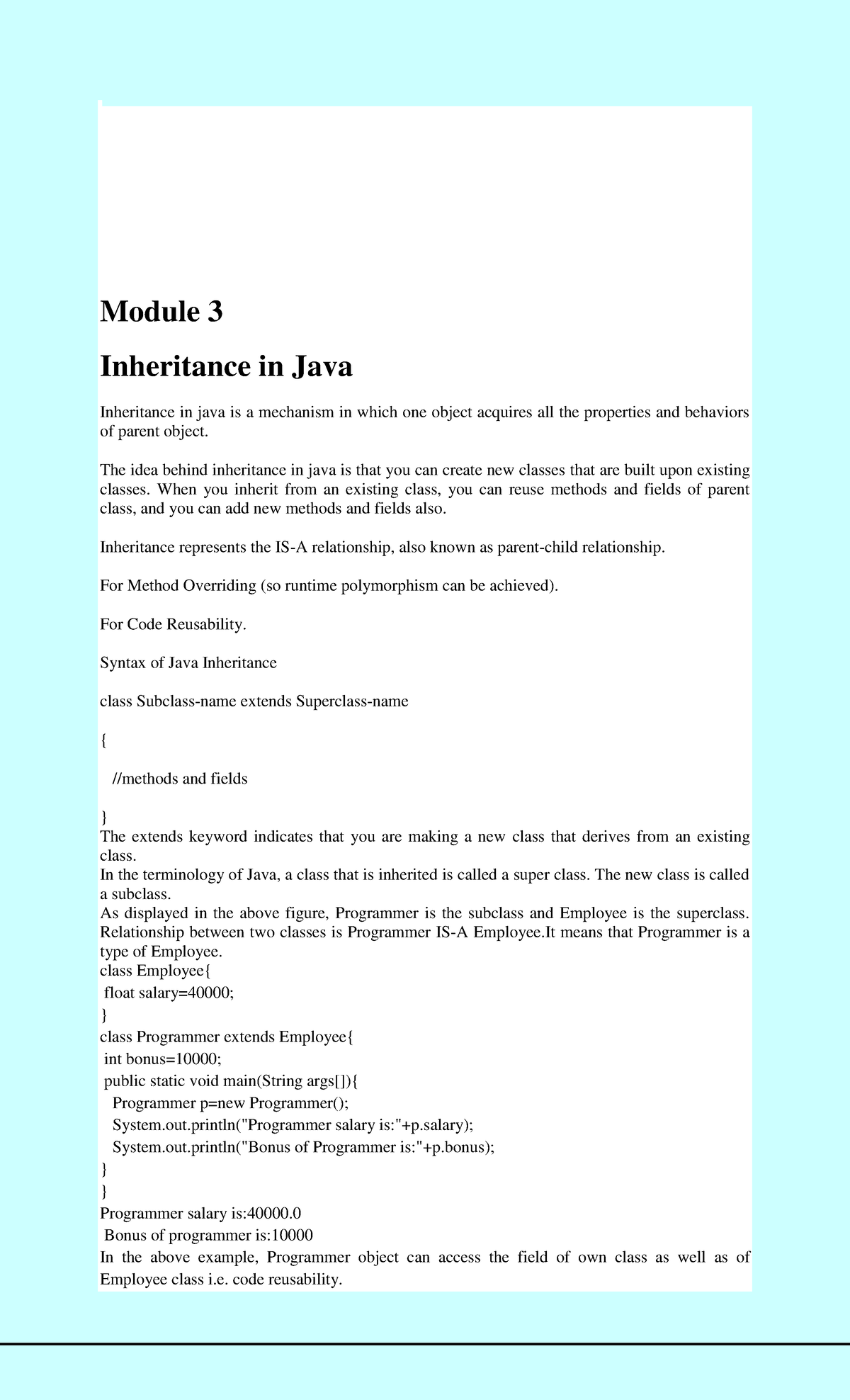 CS206-Java-Module-3 [S4 CSE KTU] - Module 3 Inheritance in Java Inheritance in java is a ...