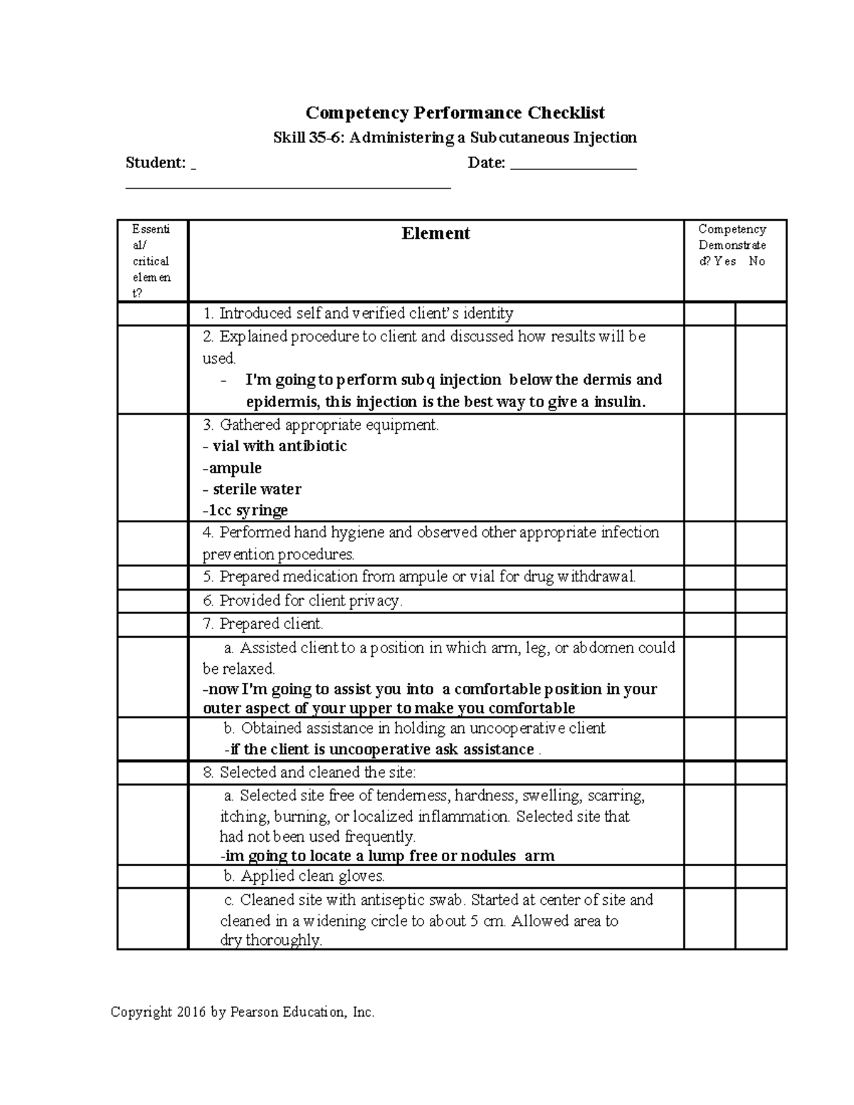 Berman 10e Skill 35-06: Subcutaneous Injection Competency Checklist ...