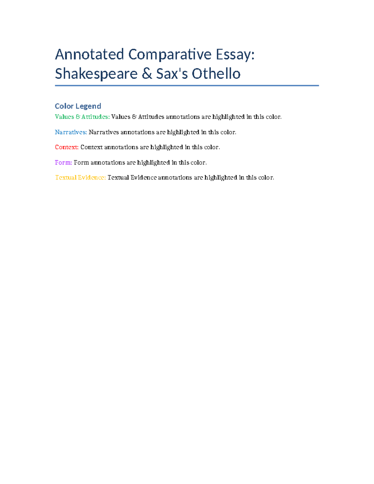 Annotated Comparative Essay: Shakespeare's Othello Insights - Studocu