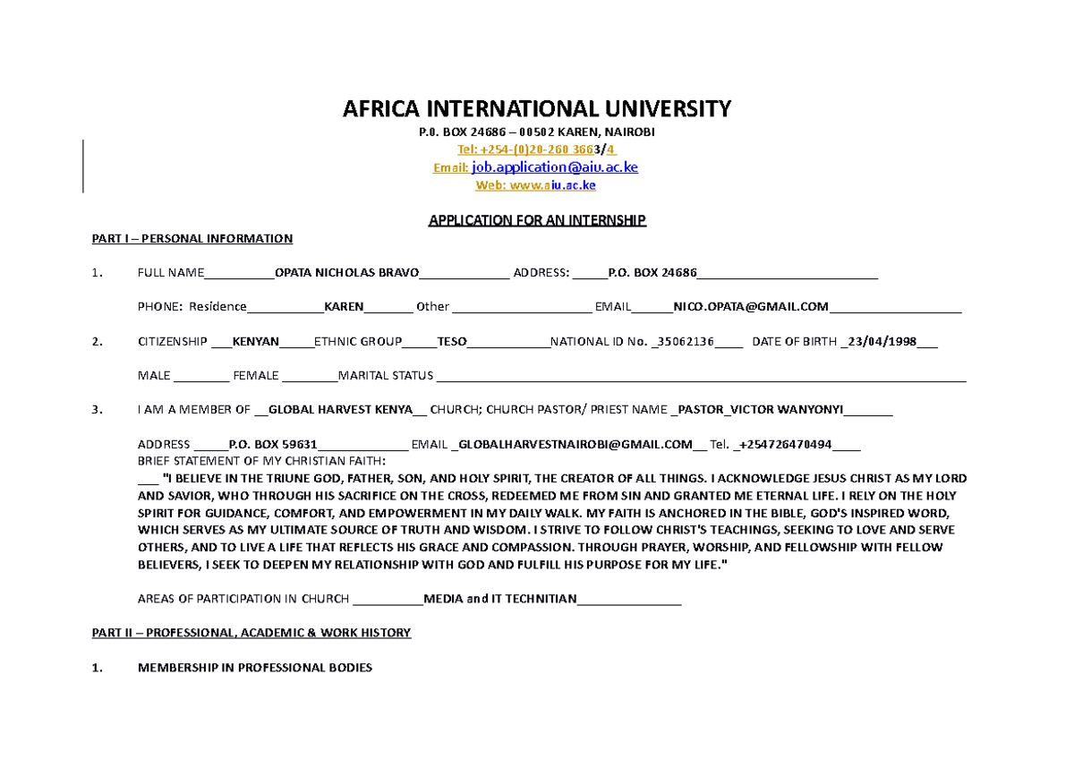 Internship Application Form 2023 - AFRICA INTERNATIONAL UNIVERSITY P ...