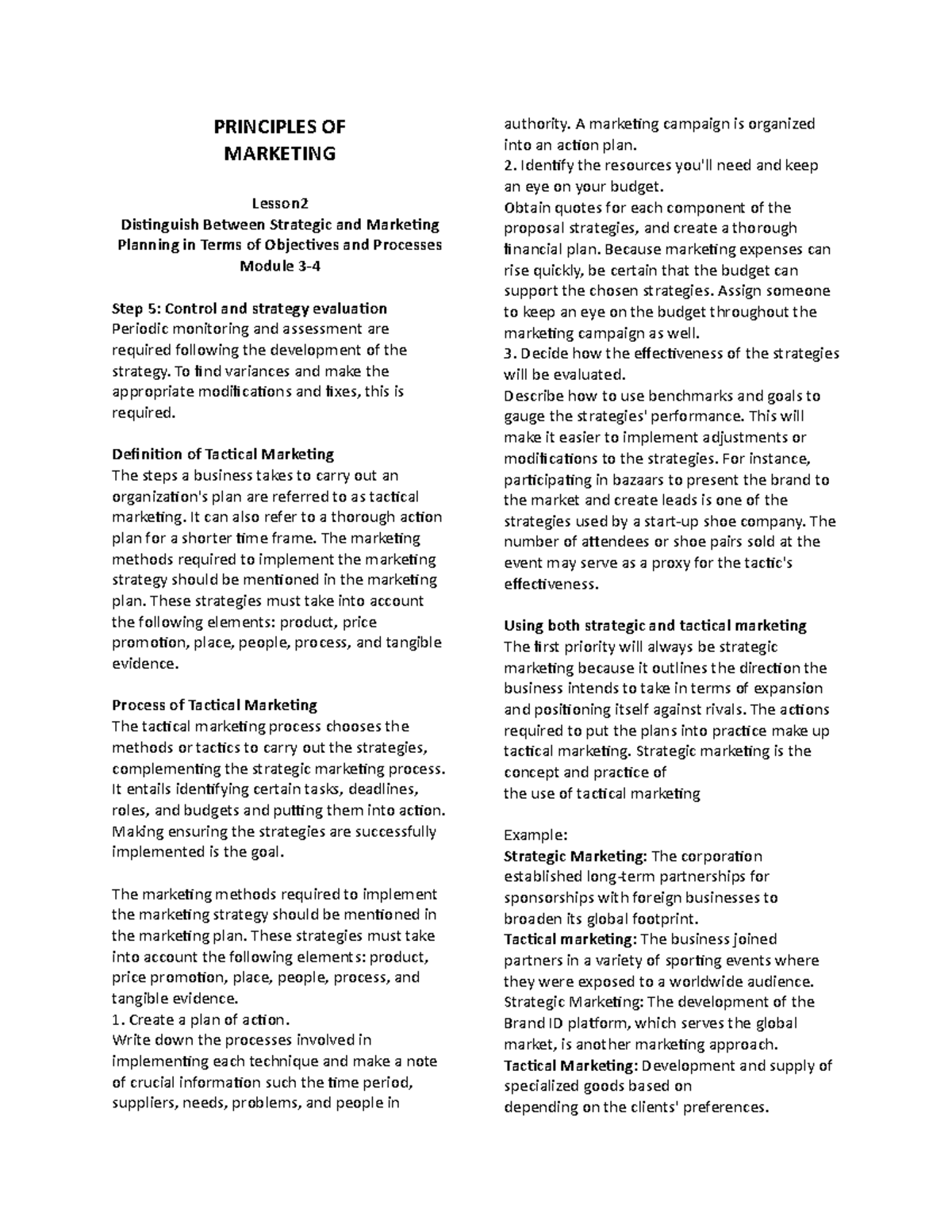 Principles of Marketing Lesson 2: Strategic vs. Tactical Planning - Studocu