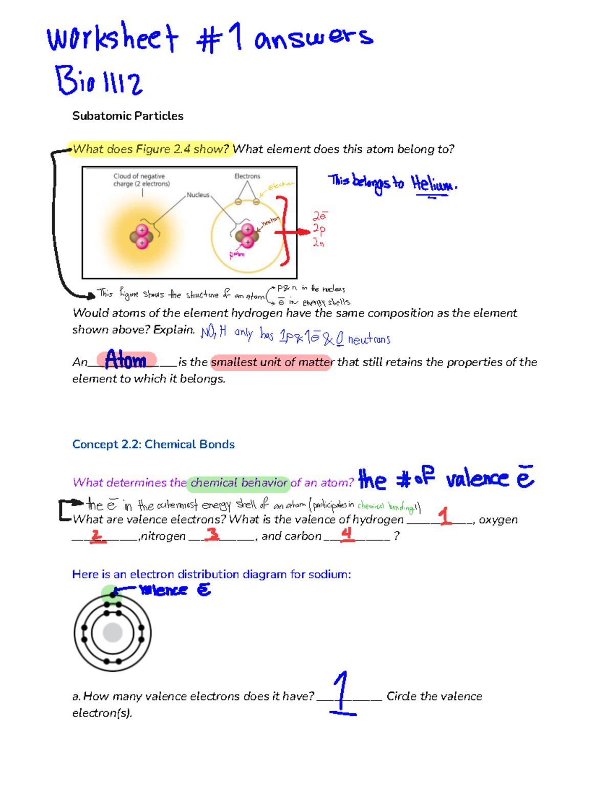 Worksheet 1 Answers: Bio Subatomic Particles & Chemical Bonds - Studocu