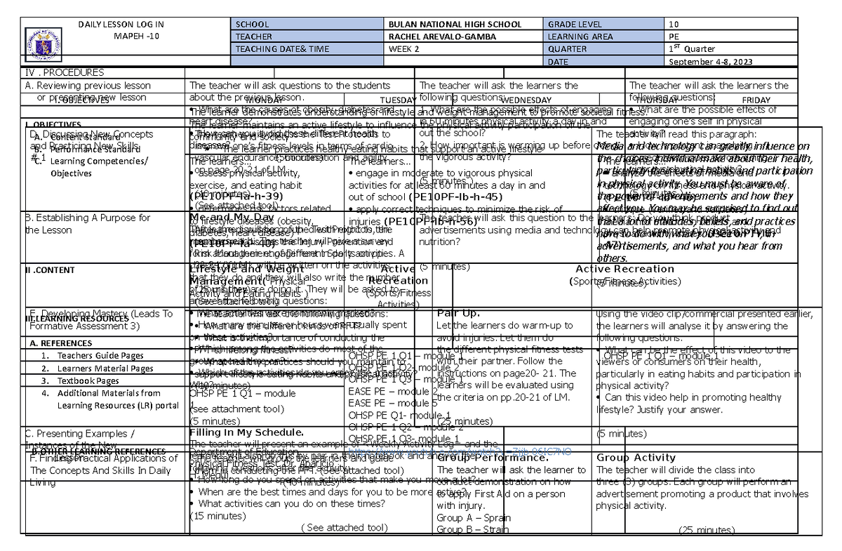 DLL Q1 W1 Final - Copy - LESSON PLAN - D. Discussing New Concepts and ...