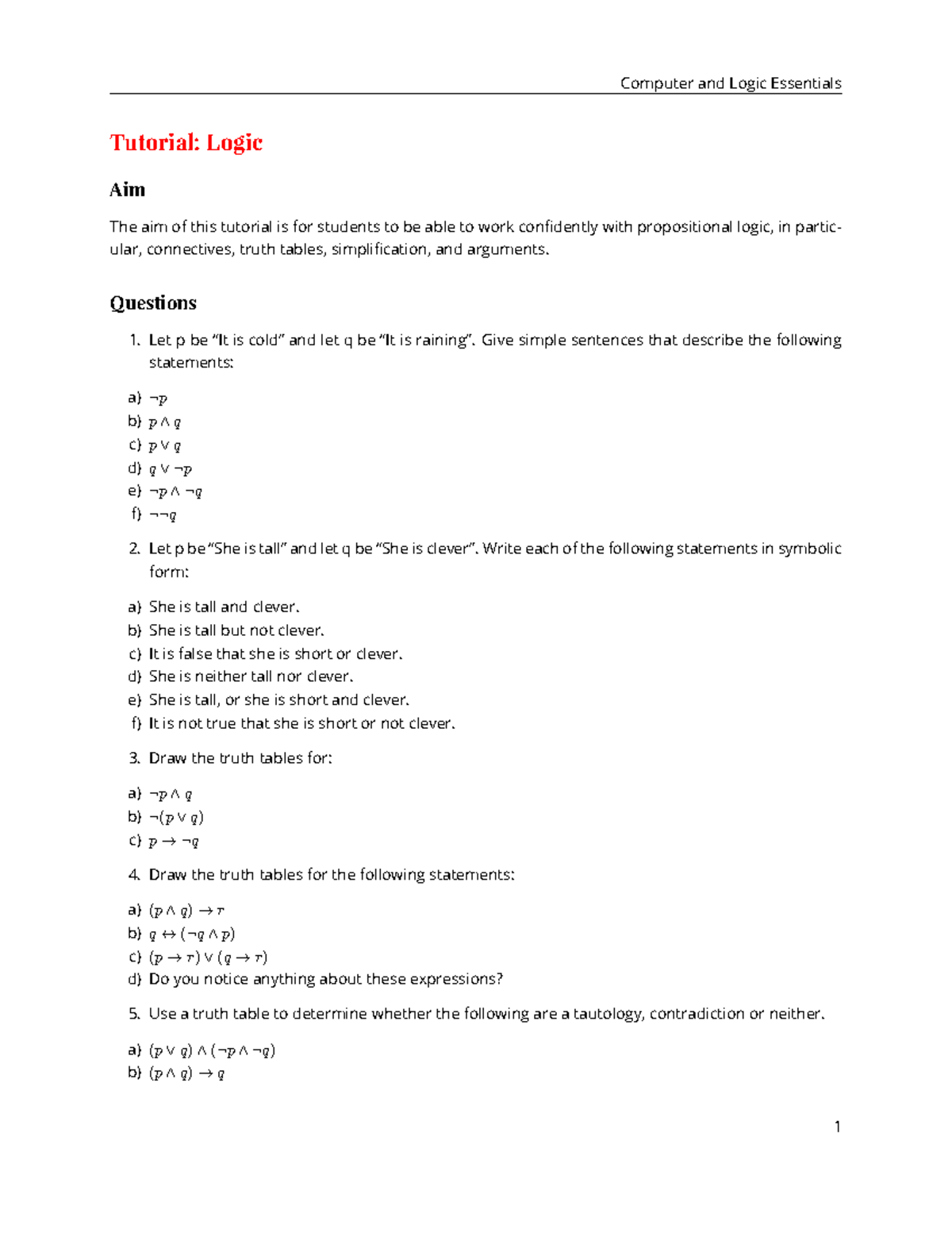 COSH100 Tutorial 04: Propositional Logic Exercises - Studocu
